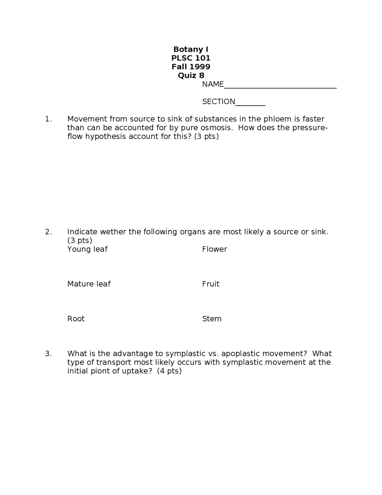 Quiz 8 Questions Botany I Fall 1999 Plsc 101 Docsity