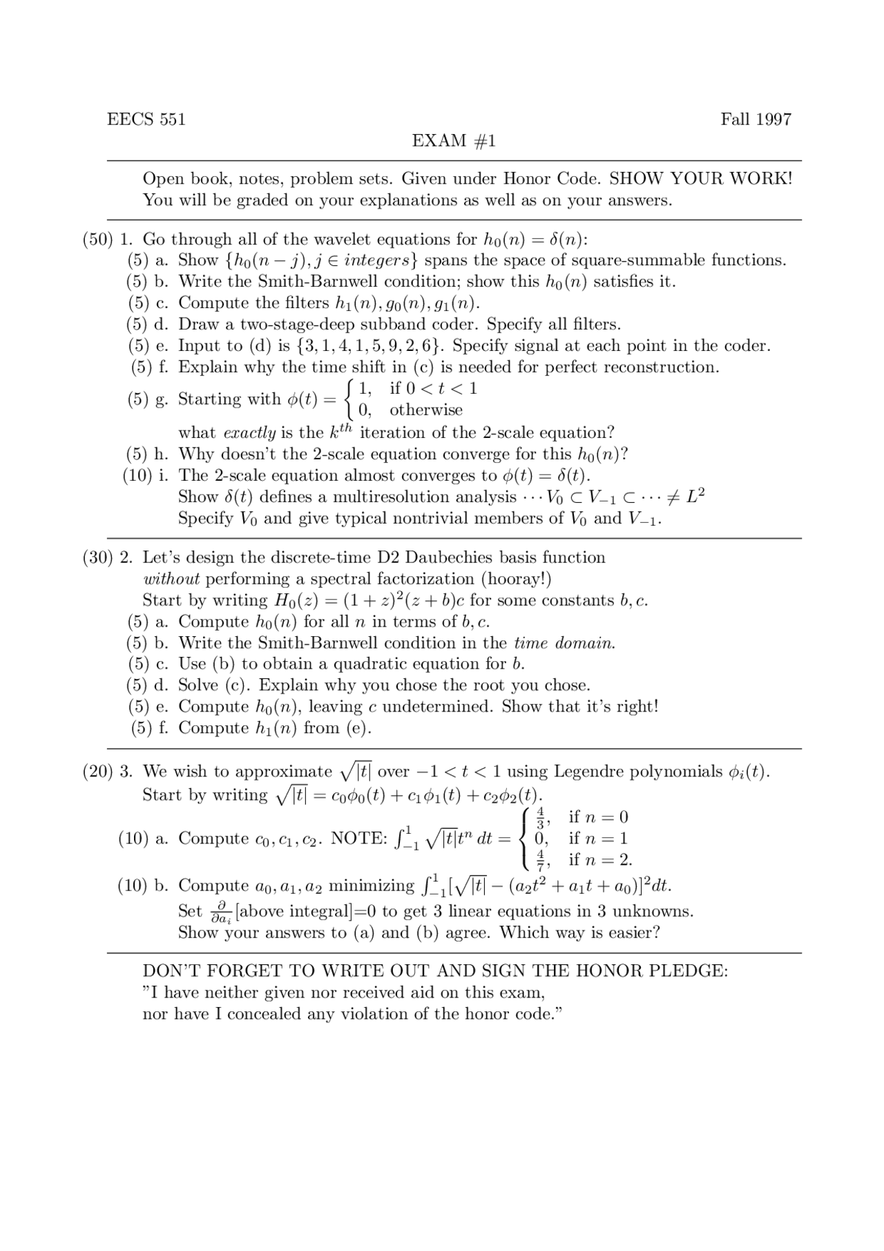 EECS 551 Fall 1997 Exam 1: Signal Processing and Wavelets | Exams ...