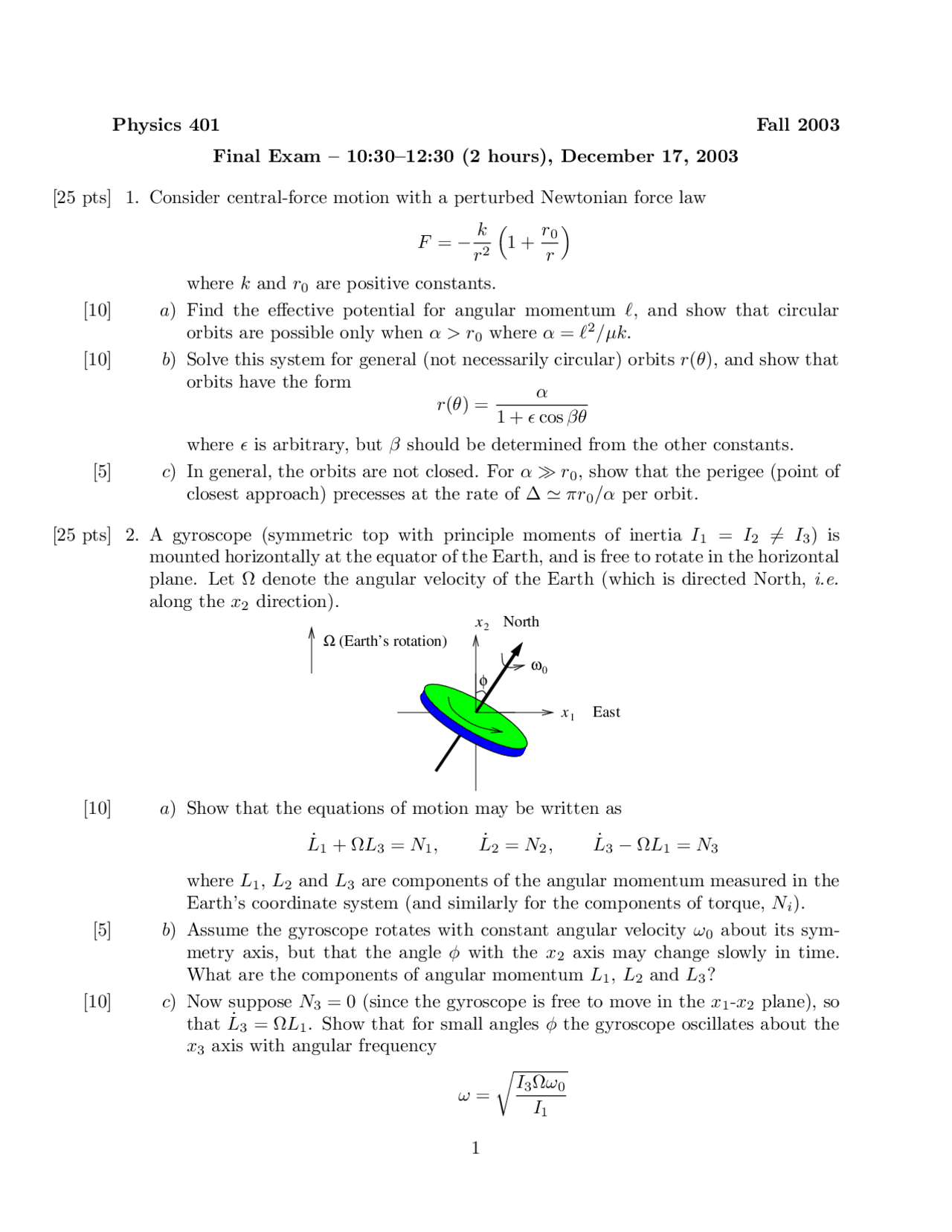4 Questions on Intermediate Mechanics - Exam | PHYSICS 401 - Docsity