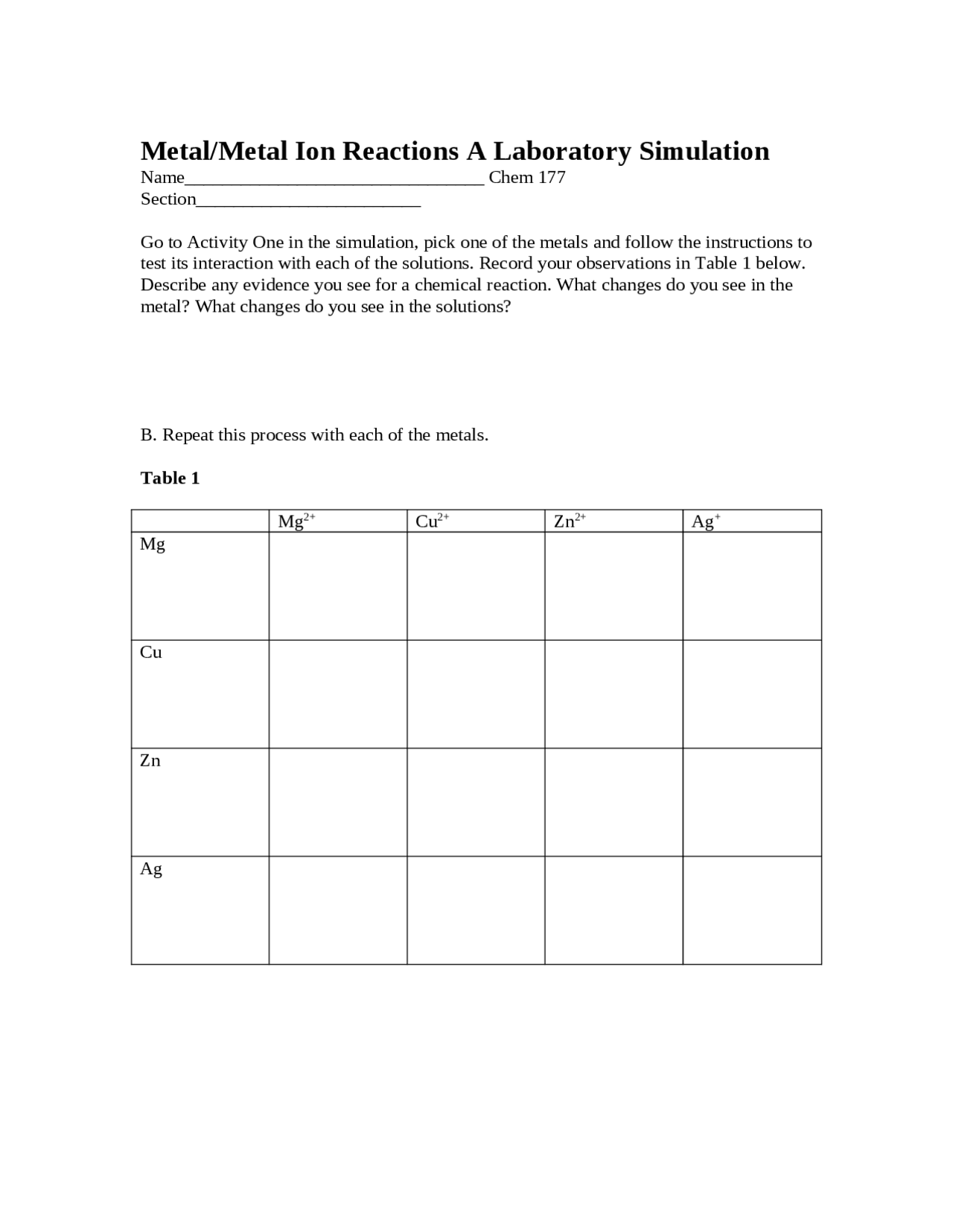 Metal Ion Reaction A Laboratory Simulation | CHEM 177 - Docsity
