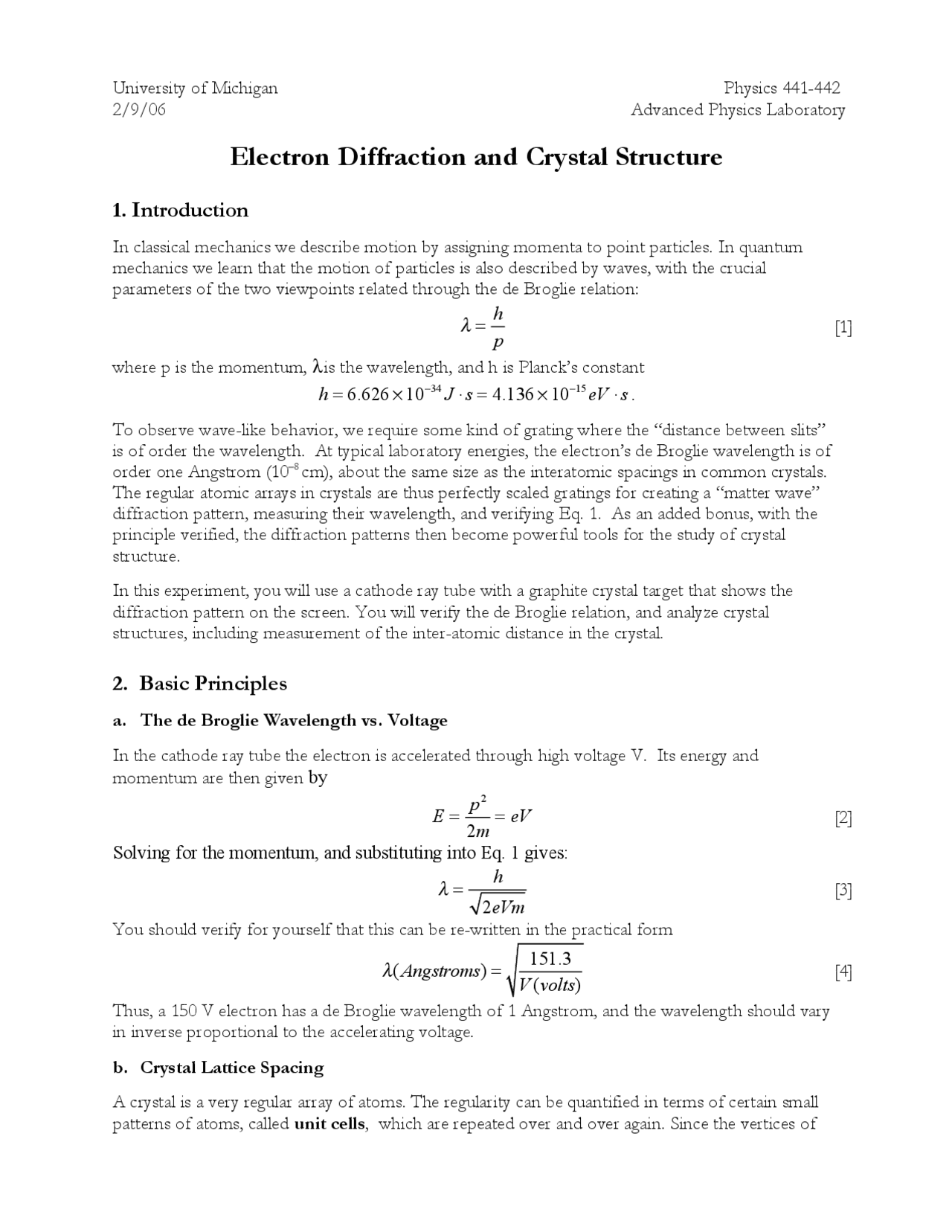 Lab Electron Diffraction And Crystal Structure Advanced Lab I
