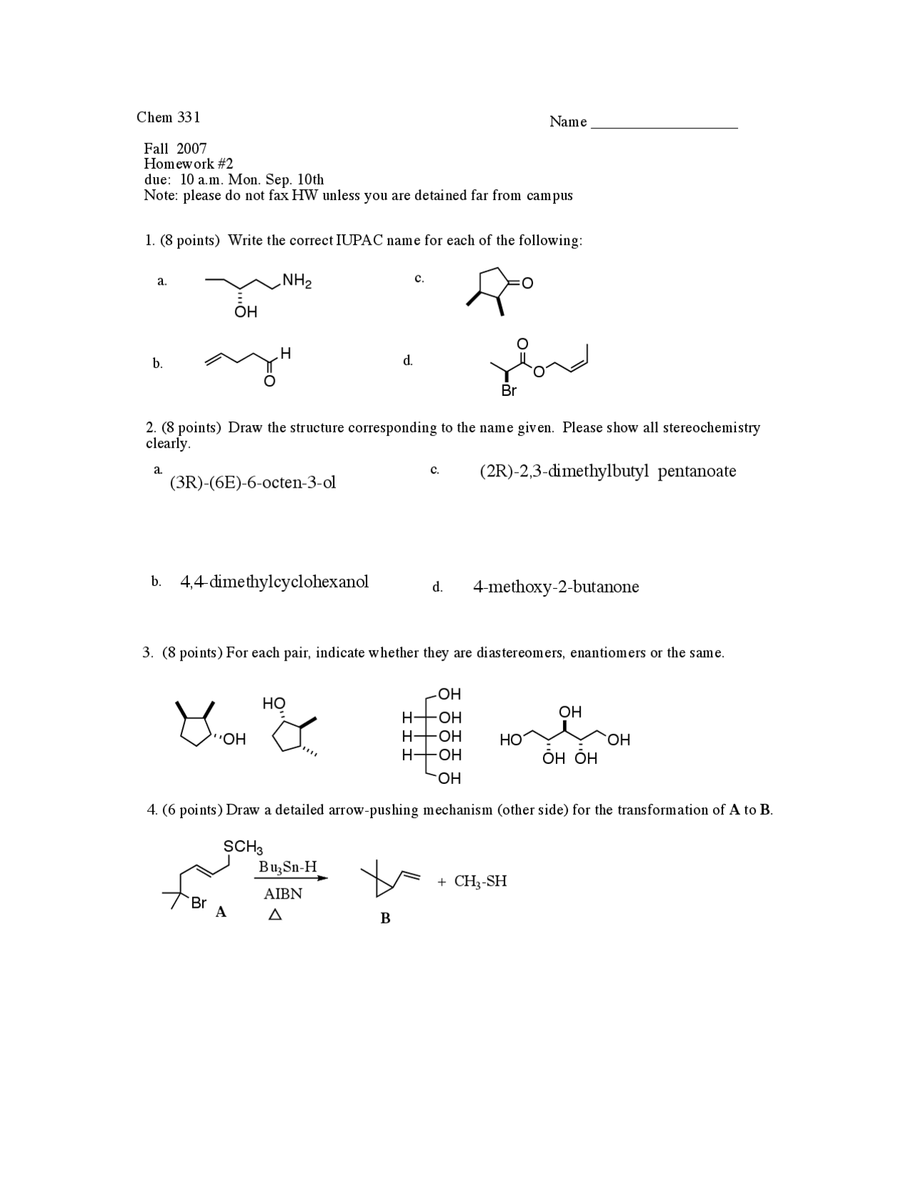 Practice Assignment 2 For Organic Chemistry Chem 331 Docsity