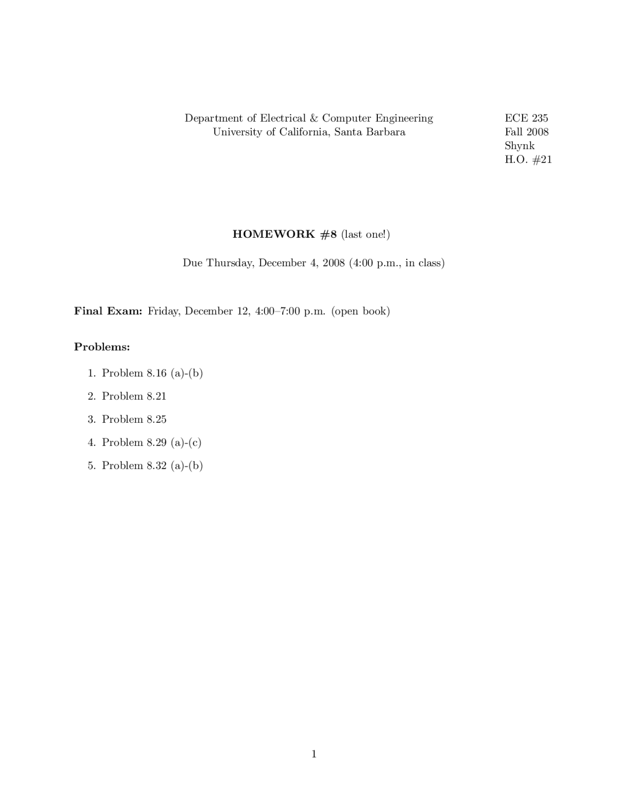 Stochastic Control Systems In Engineering Assignment 8 Ece 235