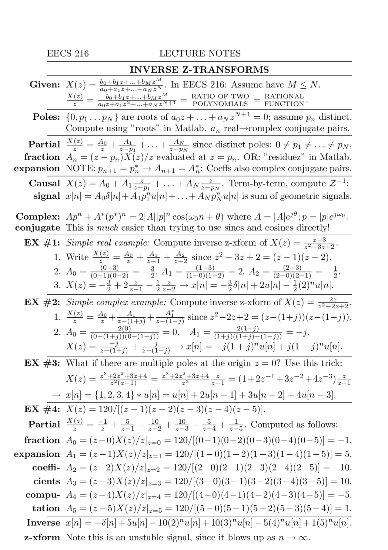 Inverse Z Transforms Introduction To Signals System Eecs 216 Docsity