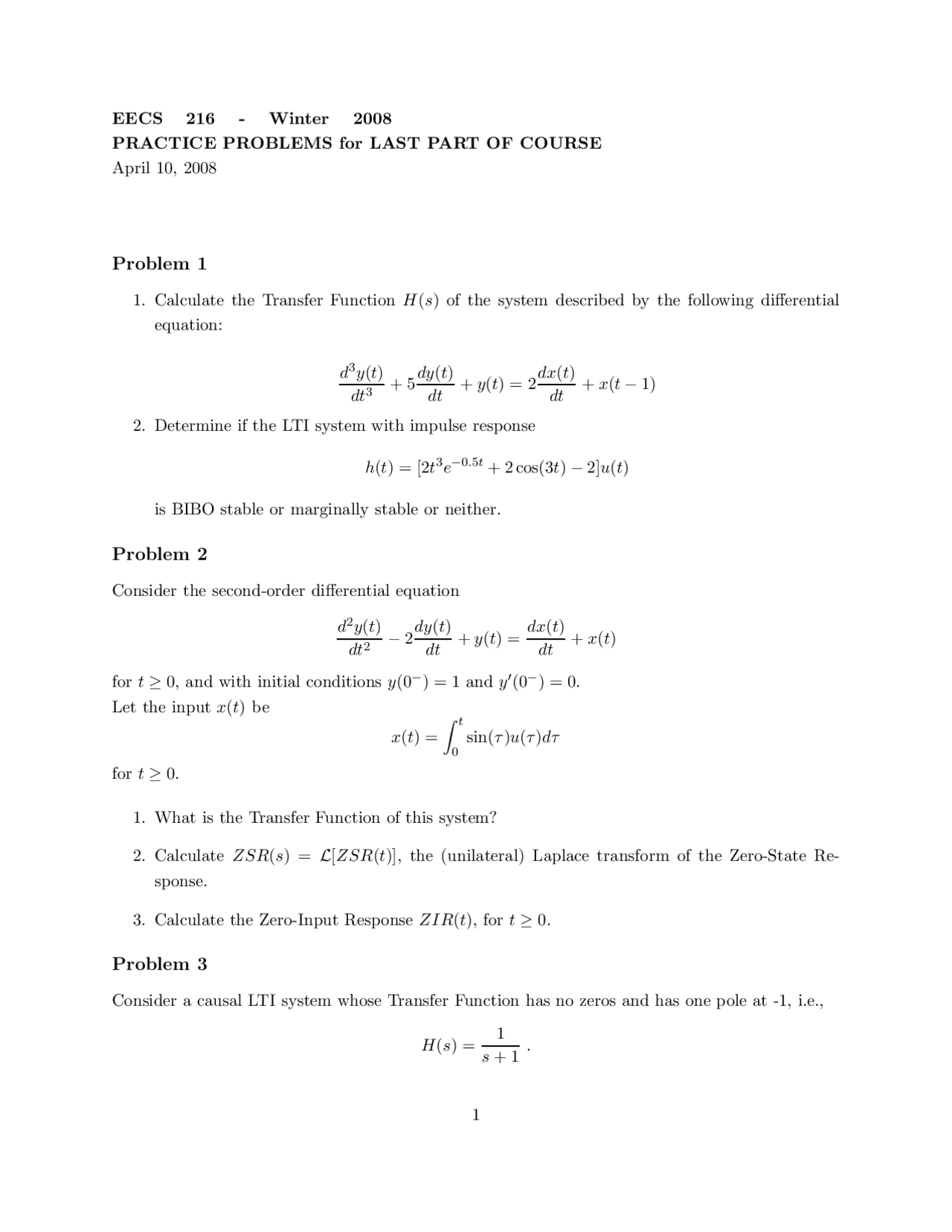 Practice Problems For Introduction To Signals And System Eecs 216