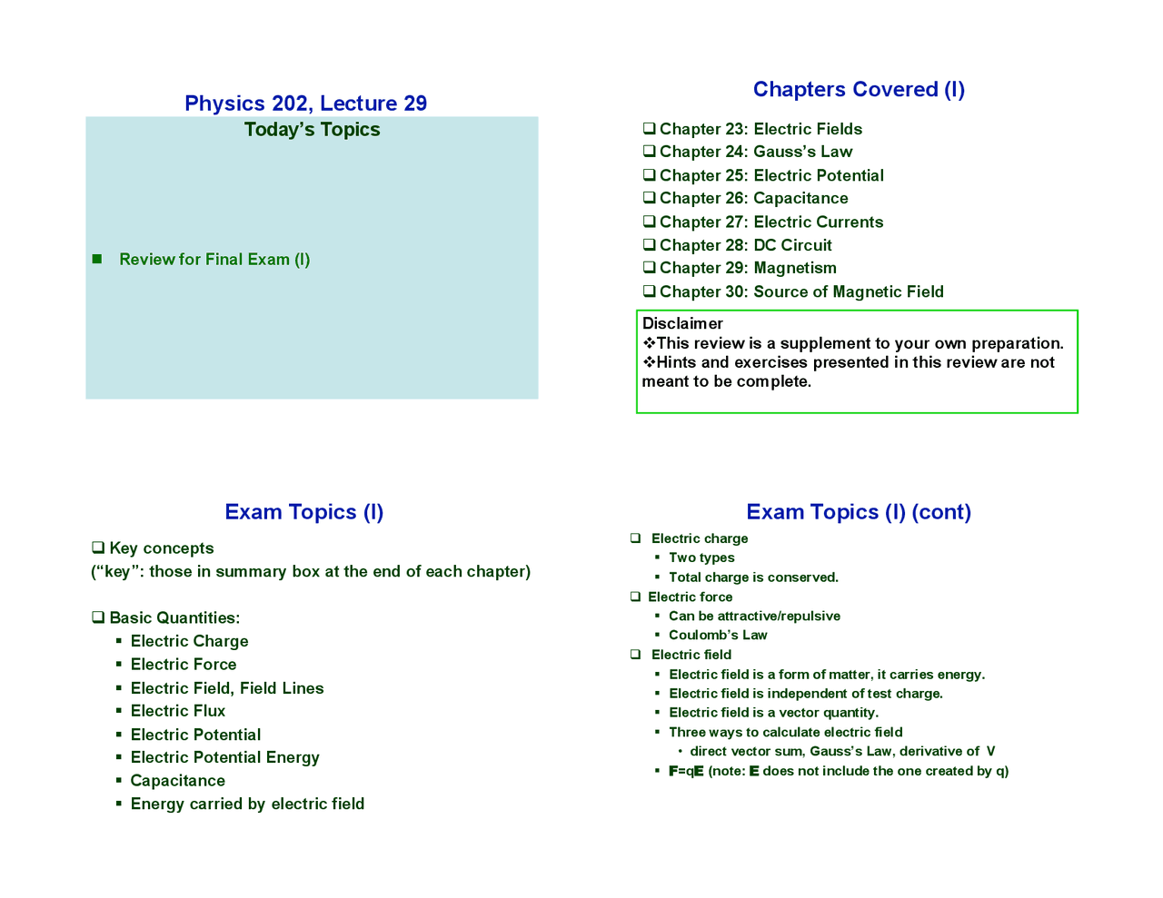 Final Exam Review For General Physics Physics 202 Docsity