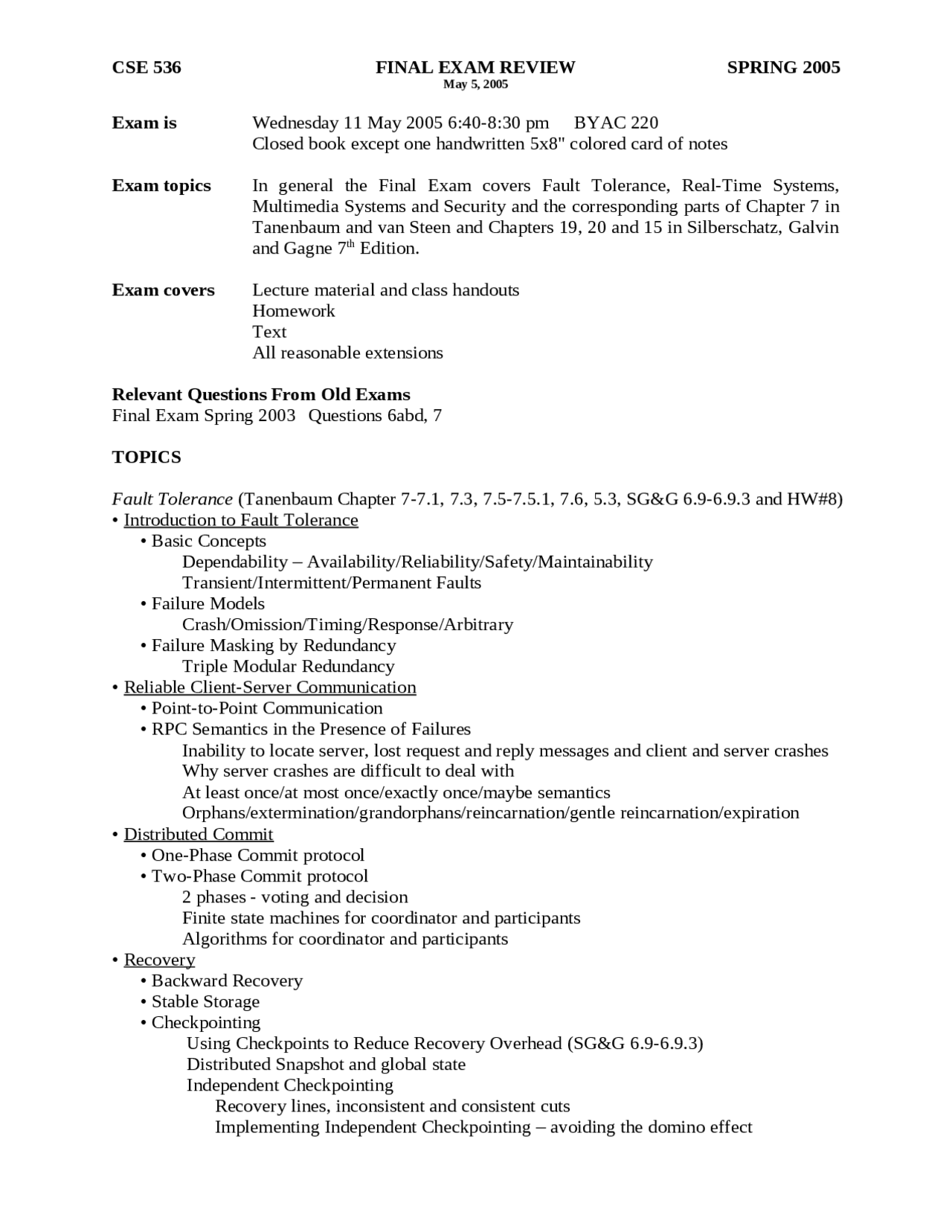 Final Exam Review Advanced Operating Systems Cse 536 Docsity