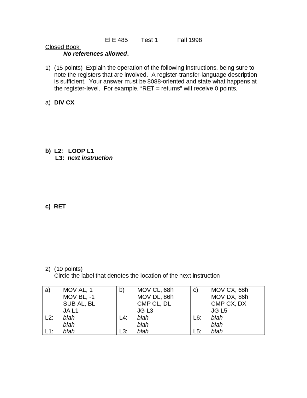 Practice Test 1 Fall 1998 Microprocessor Systems Engineering El E