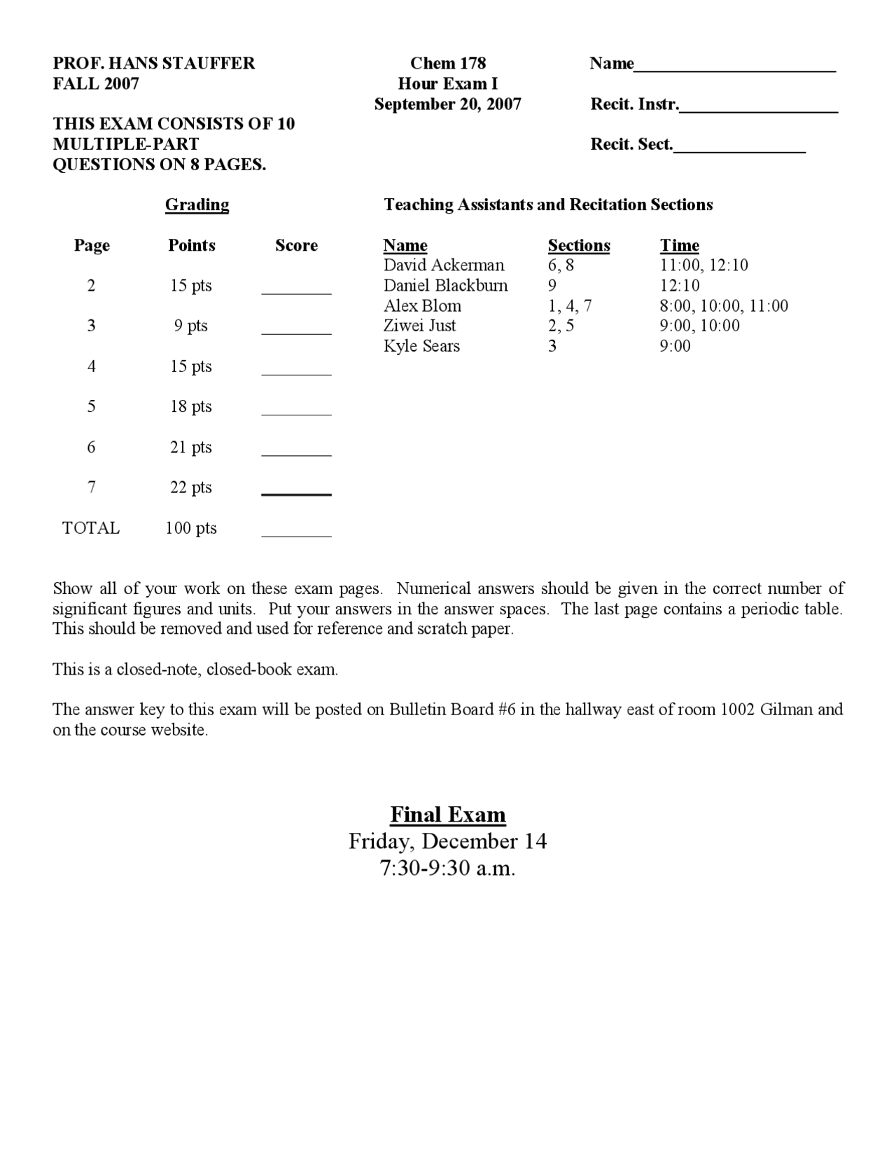 Final Exam Questions General Chemistry Ii Chem 178 Docsity