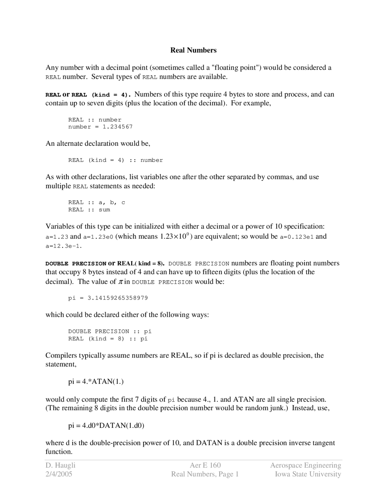 Notes On Real Numbers Aerospace Engineering Problems Aer E 160