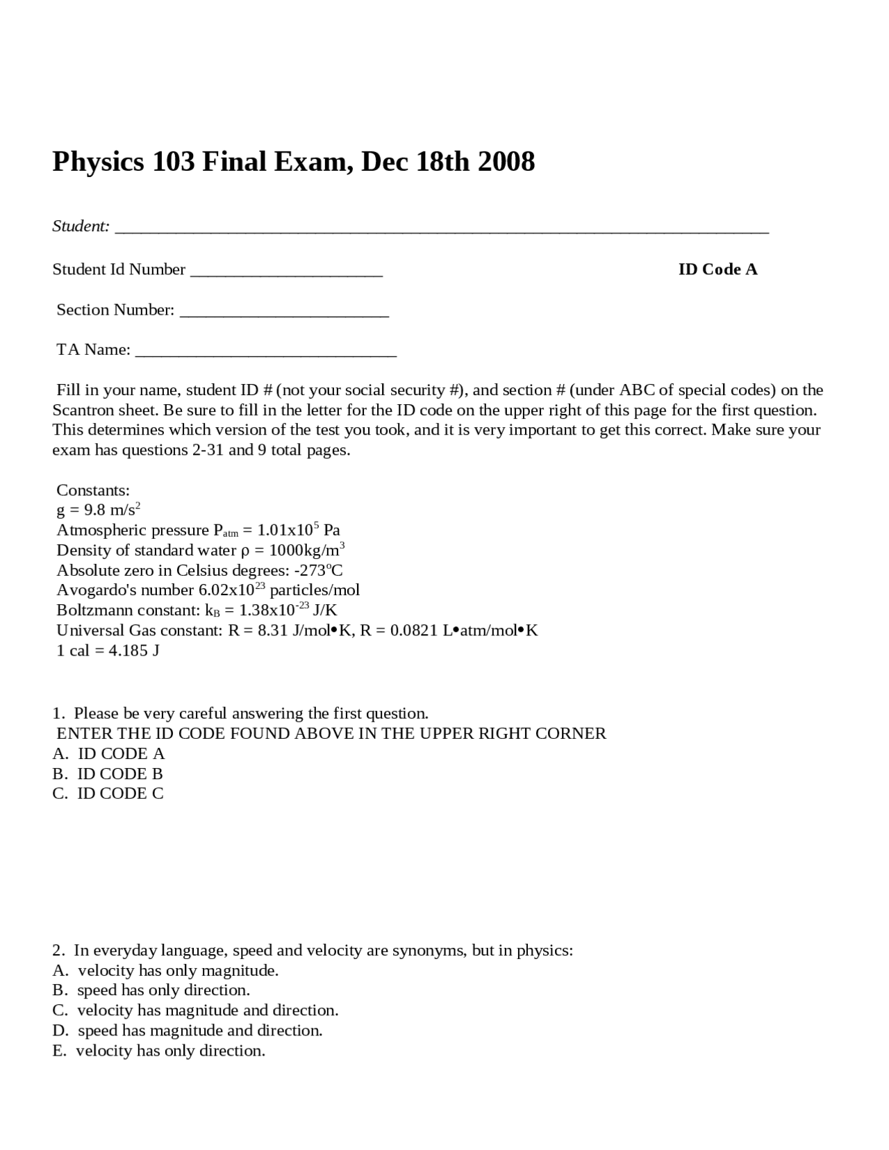 Final Exam Multiple Choice Questions General Physics Physics 103