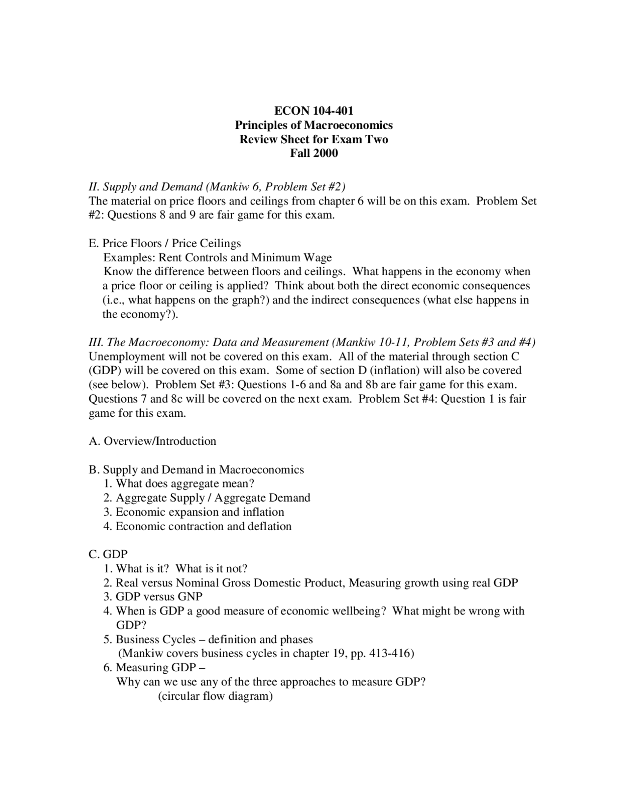 Review Sheet For Exam 2 On Principles Of Macroeconomics Econ 104