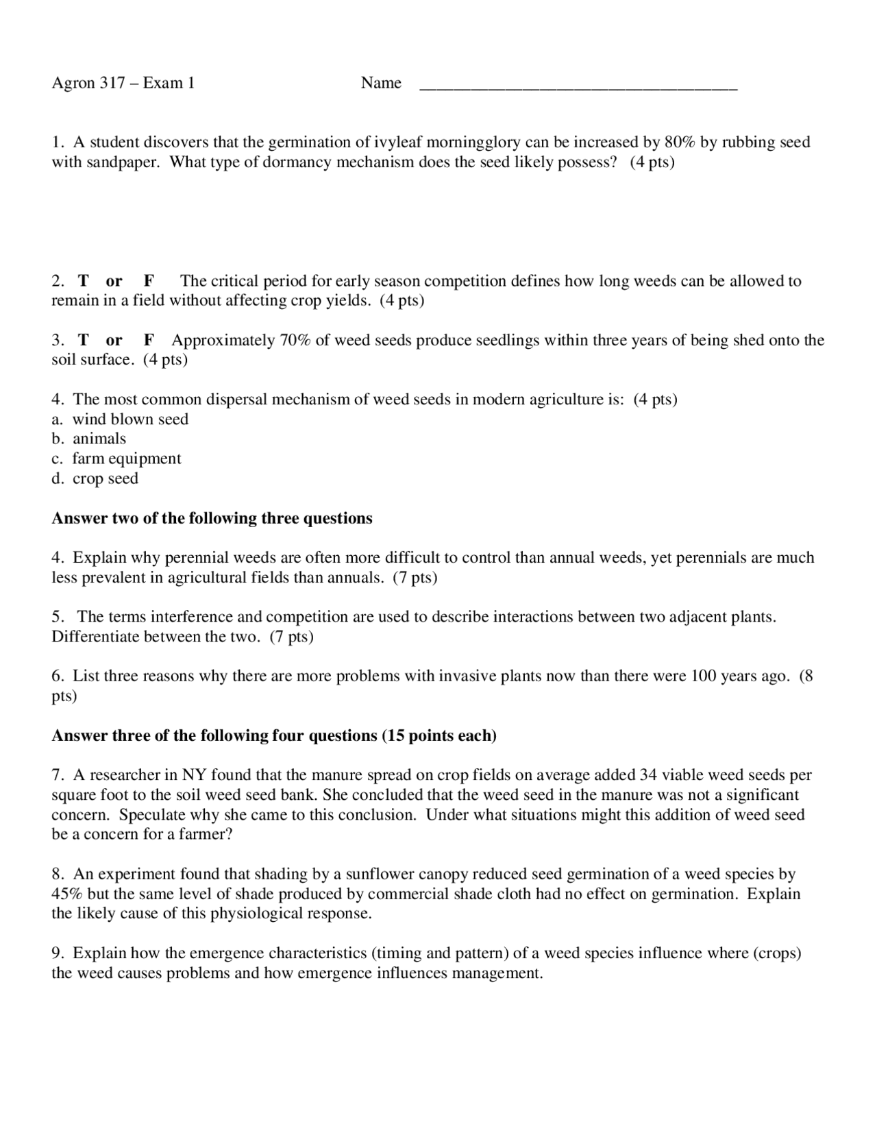 10 Questions On Principles Of Weed Science Exam 1 Agron 317 Docsity