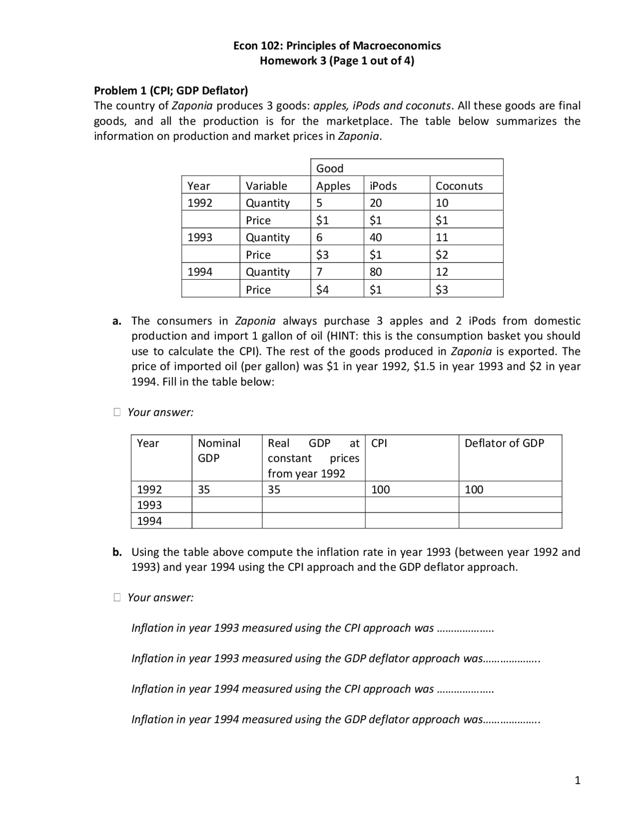 7 Problems on Principles of Macroeconomics - Homework 3 | ECON 102 - Docsity