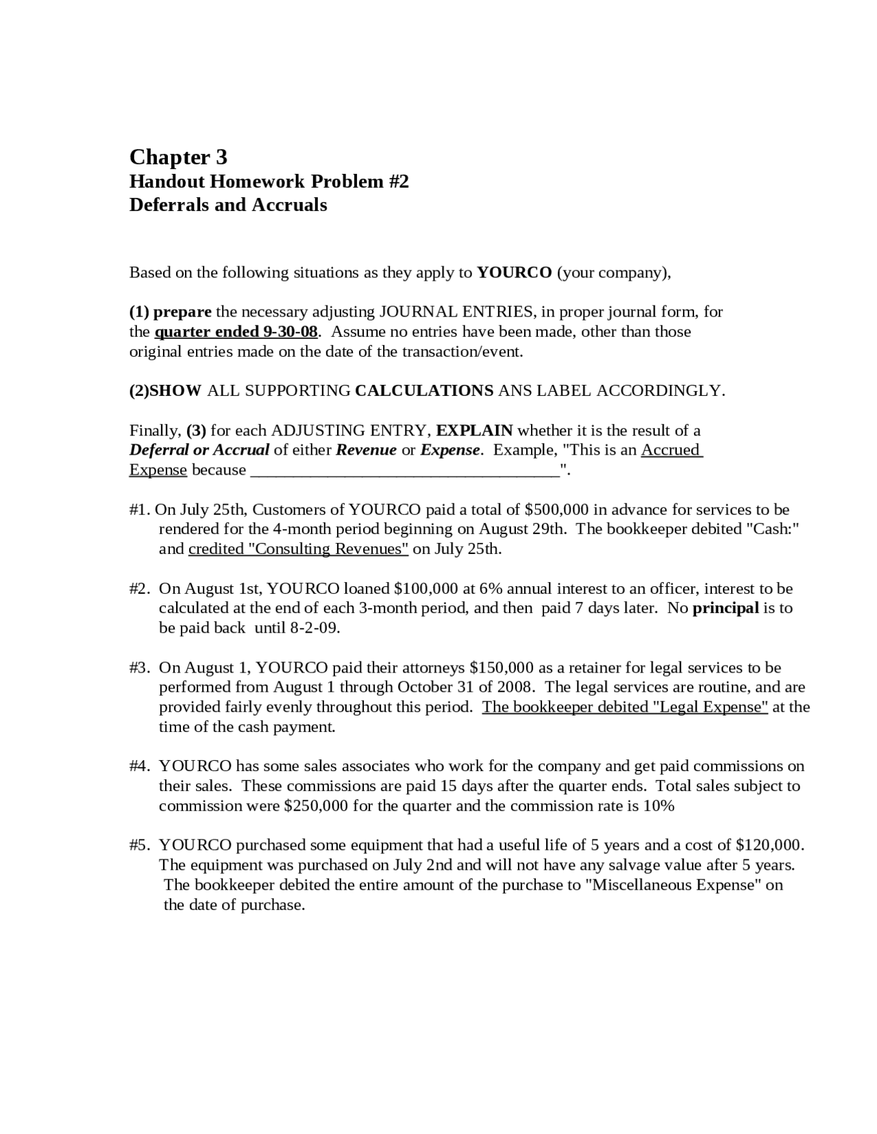 Adjusting Journal Entries for YOURCO: Deferrals and Accruals ...