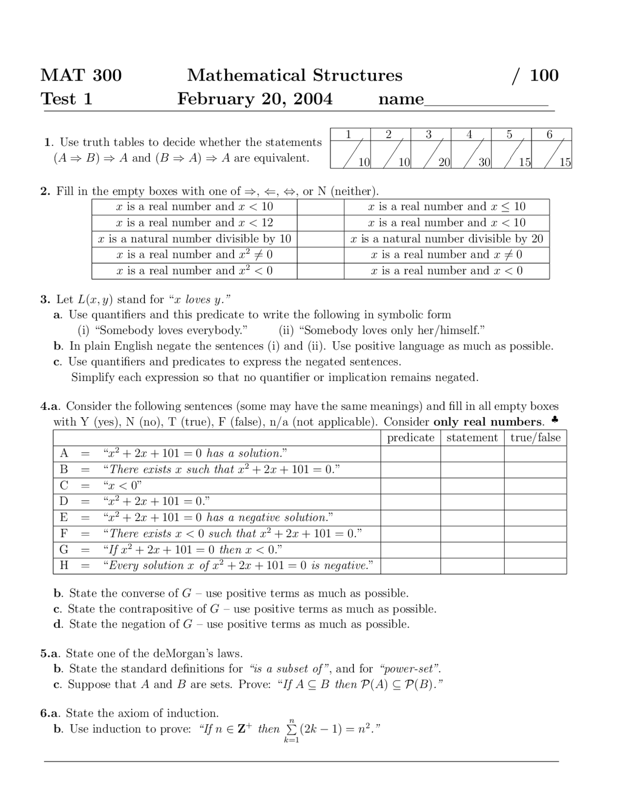 Mathematical Structures Examination 1 Mat 300 Docsity