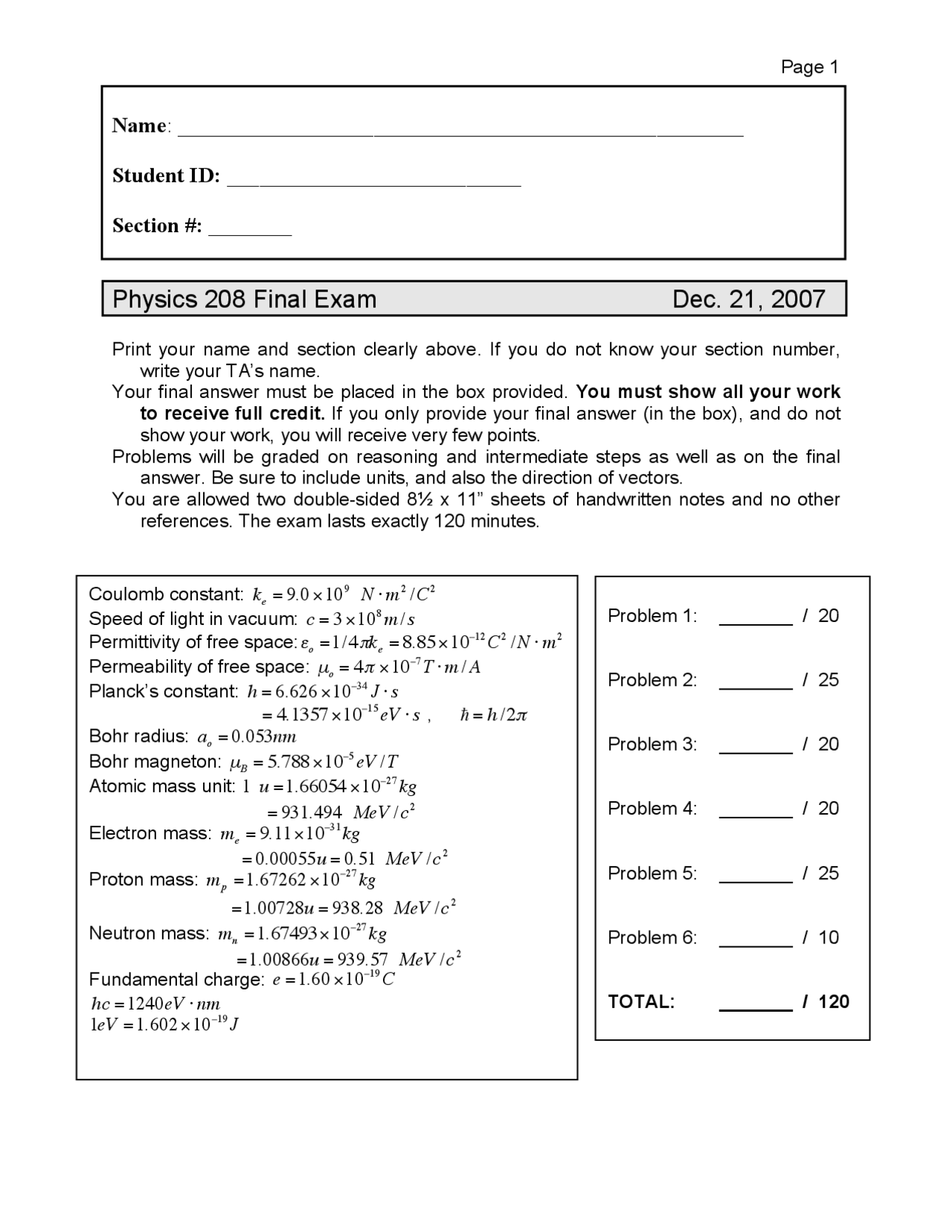 Final Exam Problems General Physics Physics 208 Docsity