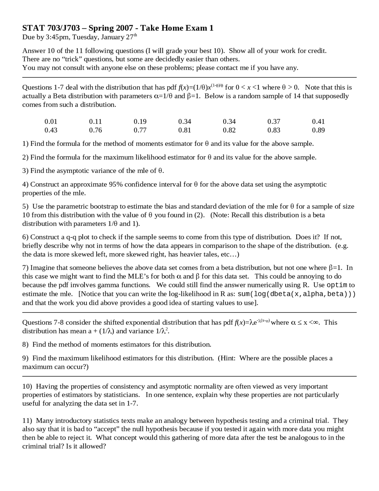 11 Questions For Exam 1 Advanced Statistical Theory I Stat 703