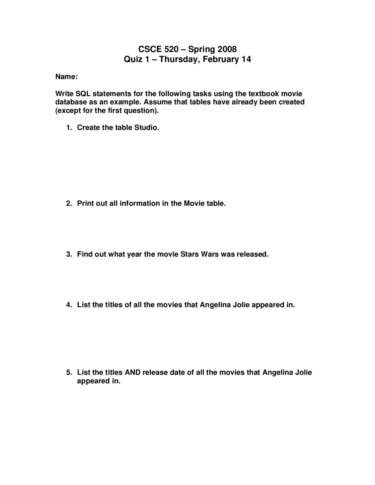 5 Questions For Quiz 1 Database Systems Design Csce 520 Docsity