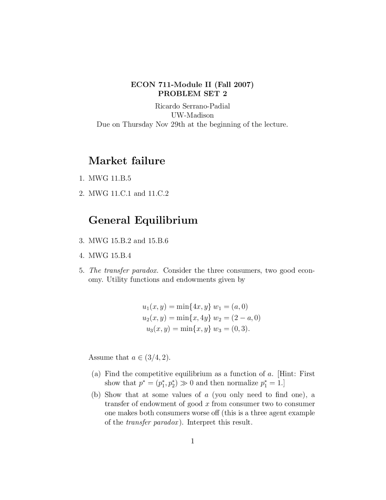 Economic Theory Microeconomics Sequence Problem Set 2 Econ 711