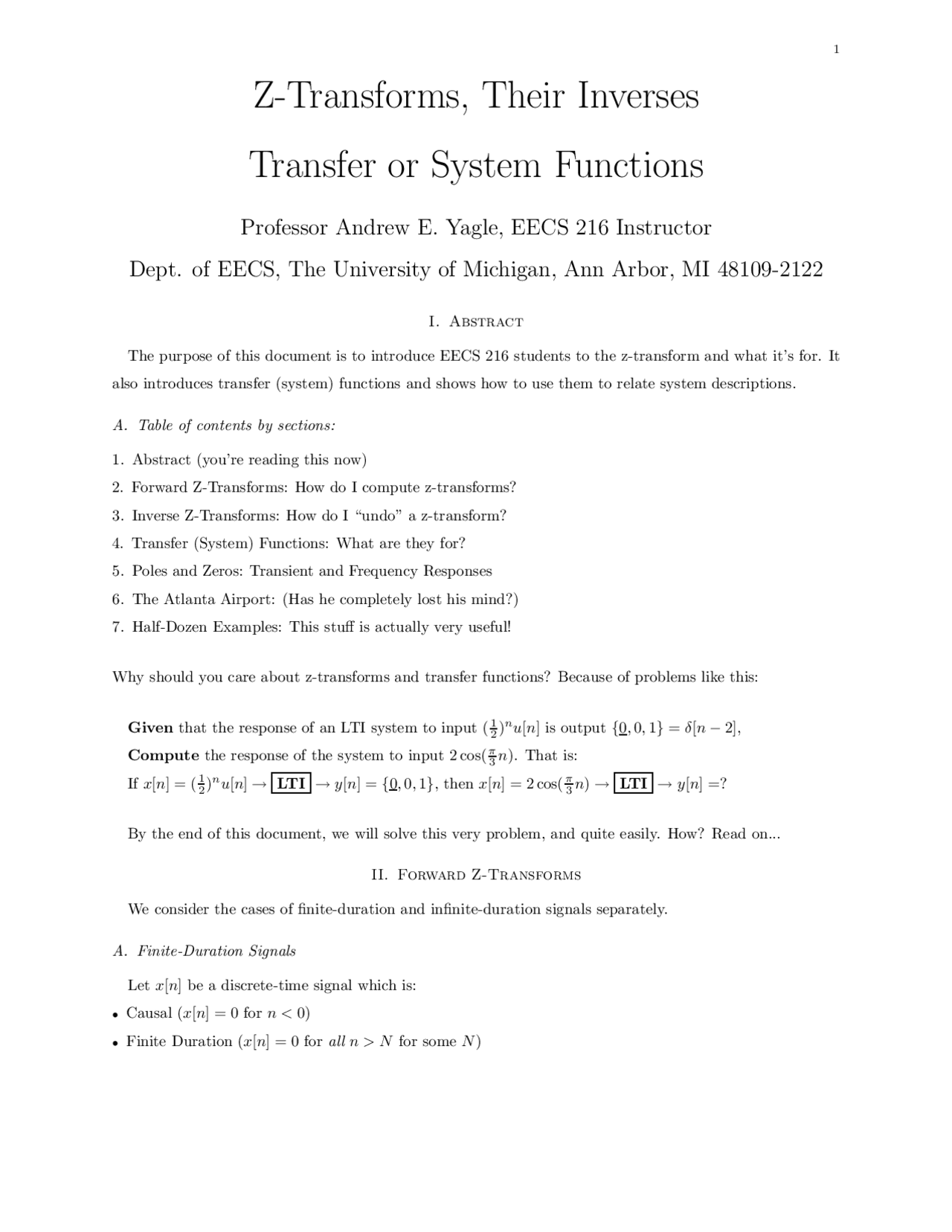 Z Transform Their Inverses Transform Or System Functions Eecs 216