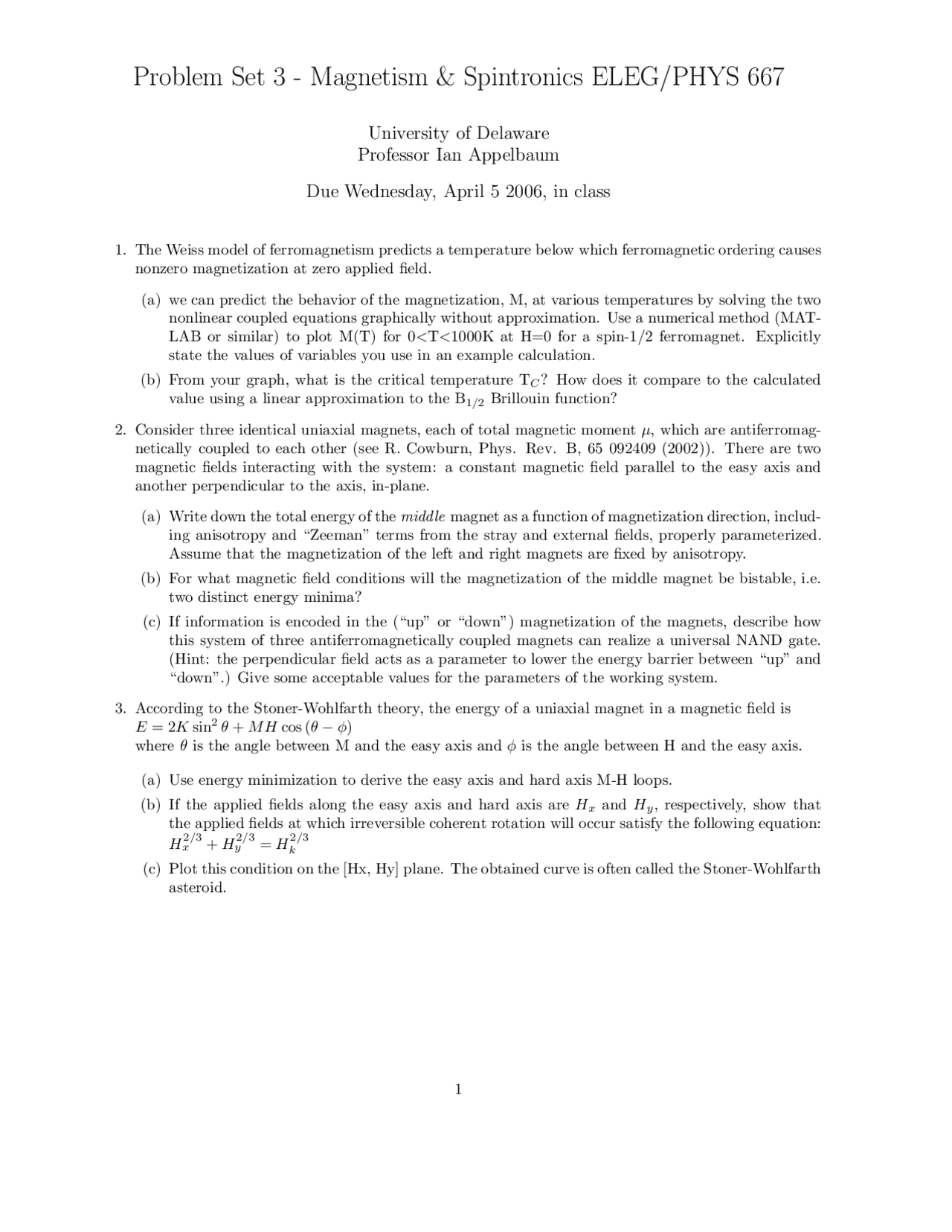 Problem Set Iii Magnetism And Spintronics Phys 667 Docsity