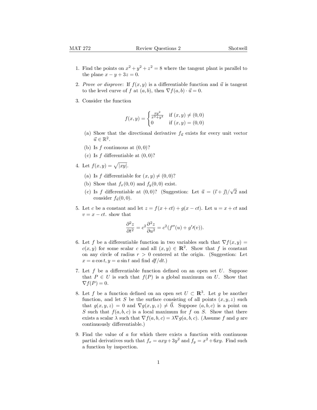 Review Questions Sheet 2 Calculus With Analytic Geometry Iii Mat