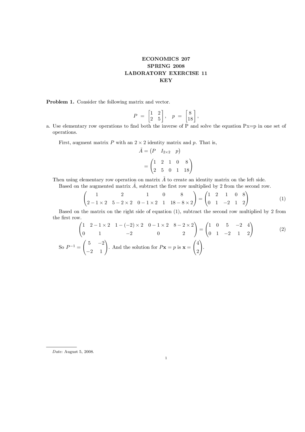 Lab Exercise 11 Answer Key Applied Economic Optimization Econ 207