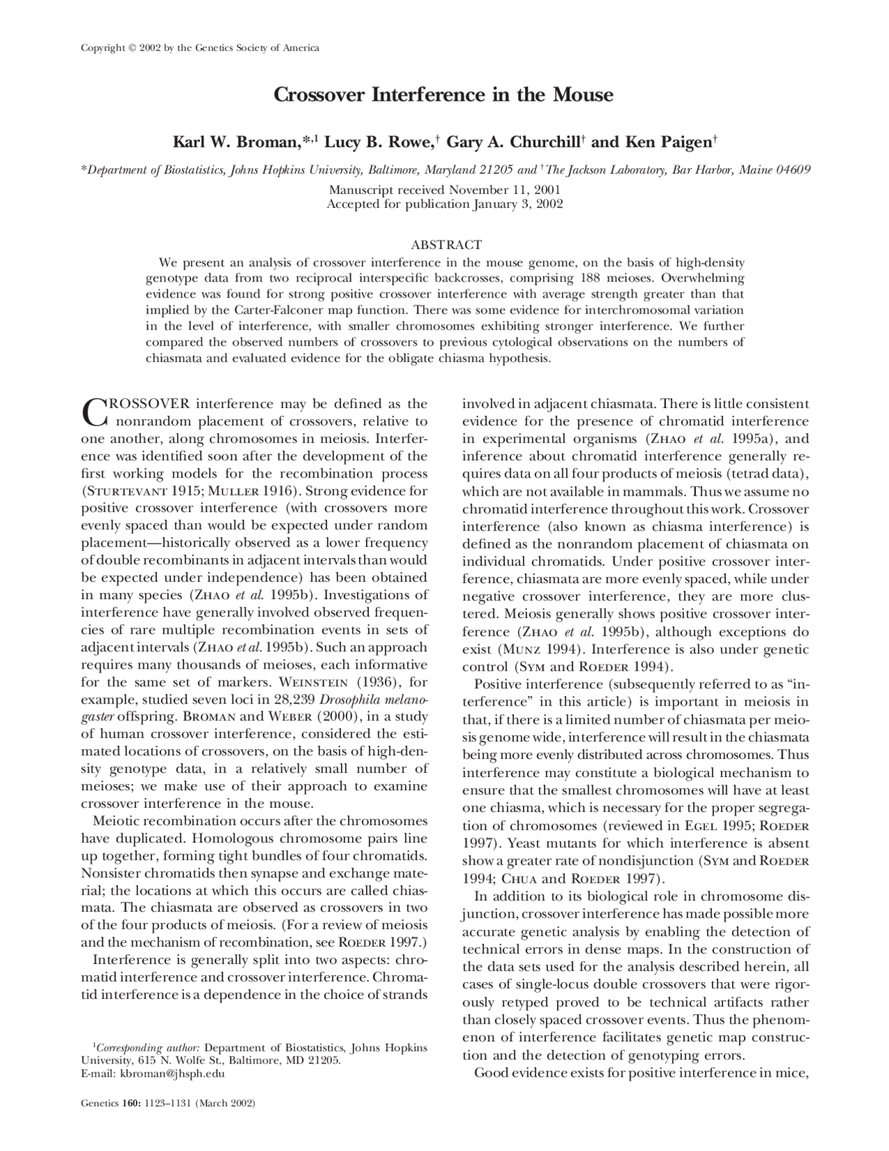 Crossover Interference in the Mouse | GENETICS 160 - Docsity