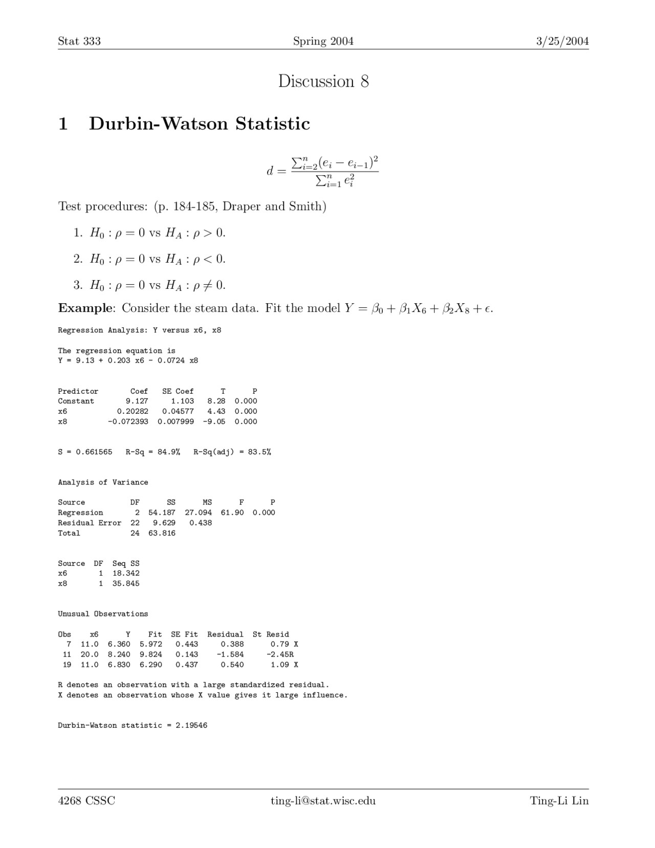 Durbin-Watson Statistics - Discussion Handout | STAT 333 - Docsity