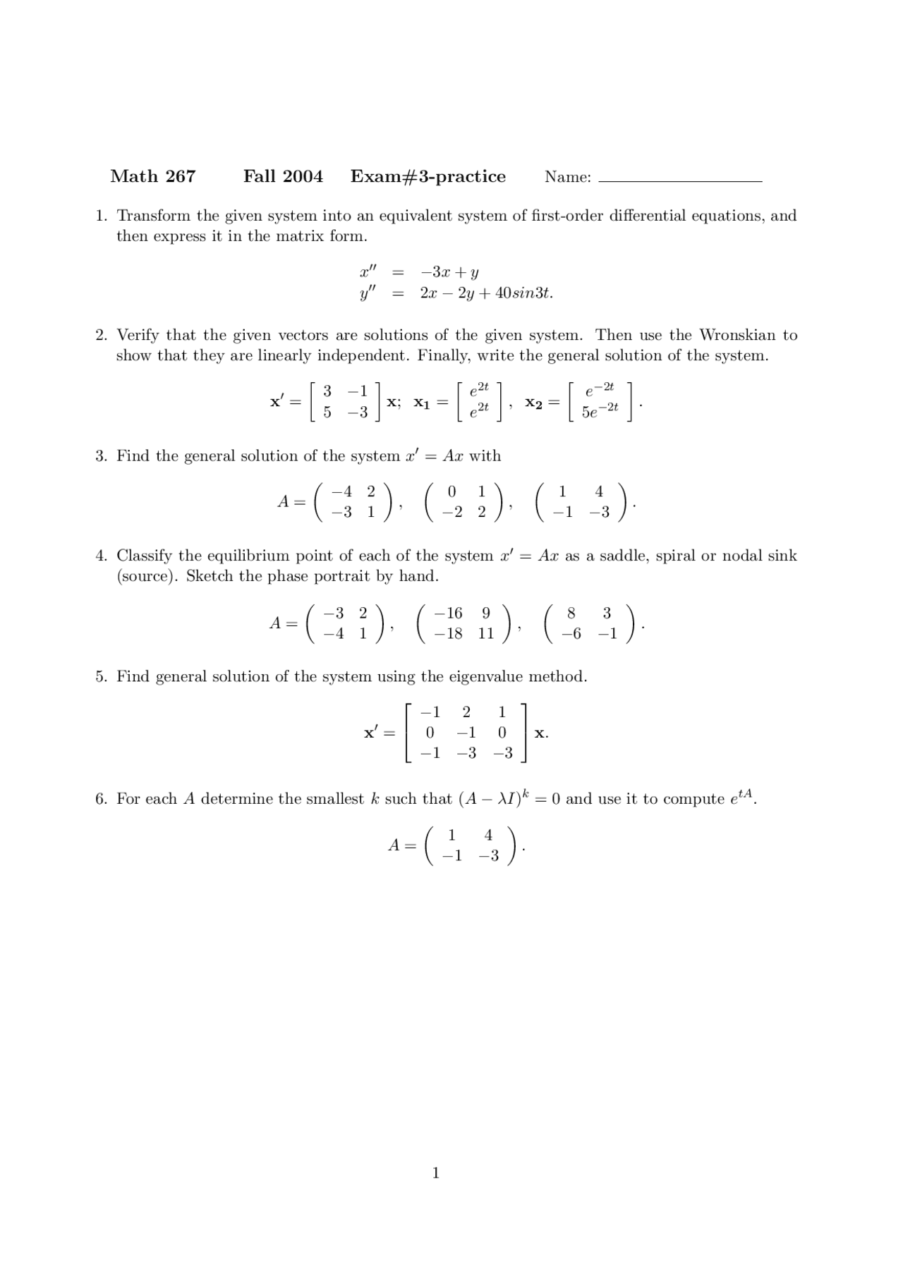 6 Problems On Differential Equations Examination Math 267 Docsity