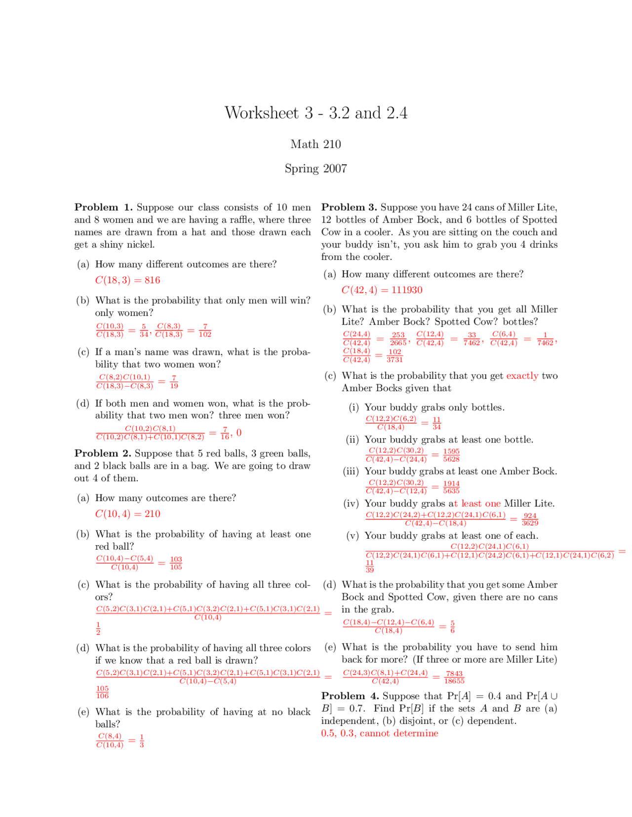 Topics In Finite Mathematics Worksheet 3 Math 210 Docsity