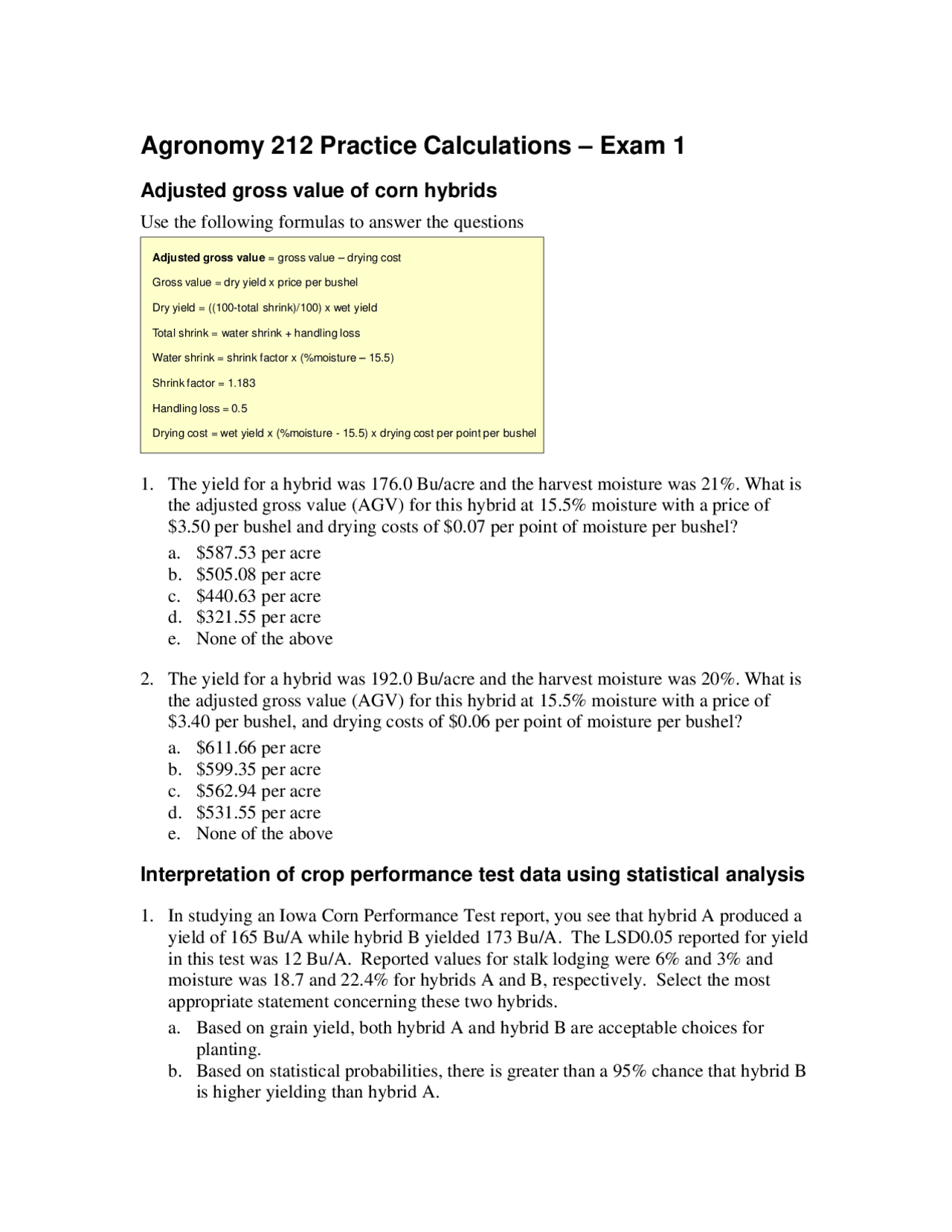 Test I Questions Crop Growth Product And Management Agron 212