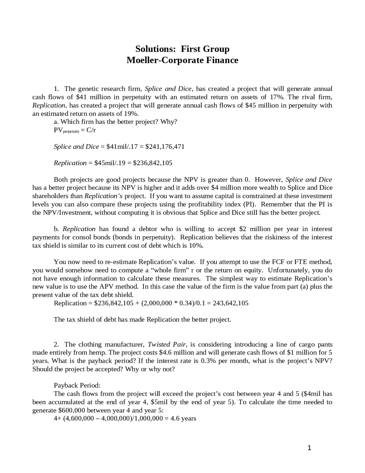 Solutions: First Group Moeller Corporate Finance | BUSFIN 1311 - Docsity