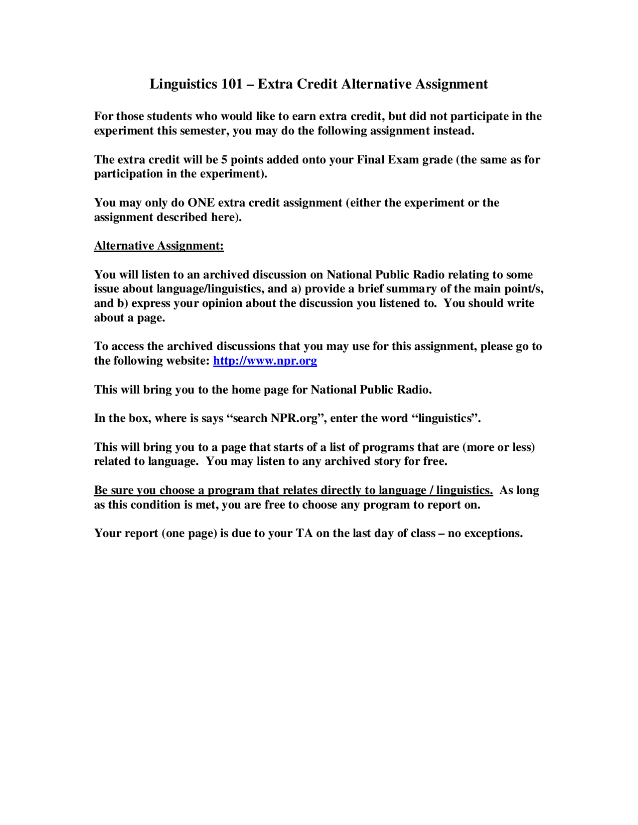 Alternative Assignment Introduction To Linguistics I Ling 101 Docsity