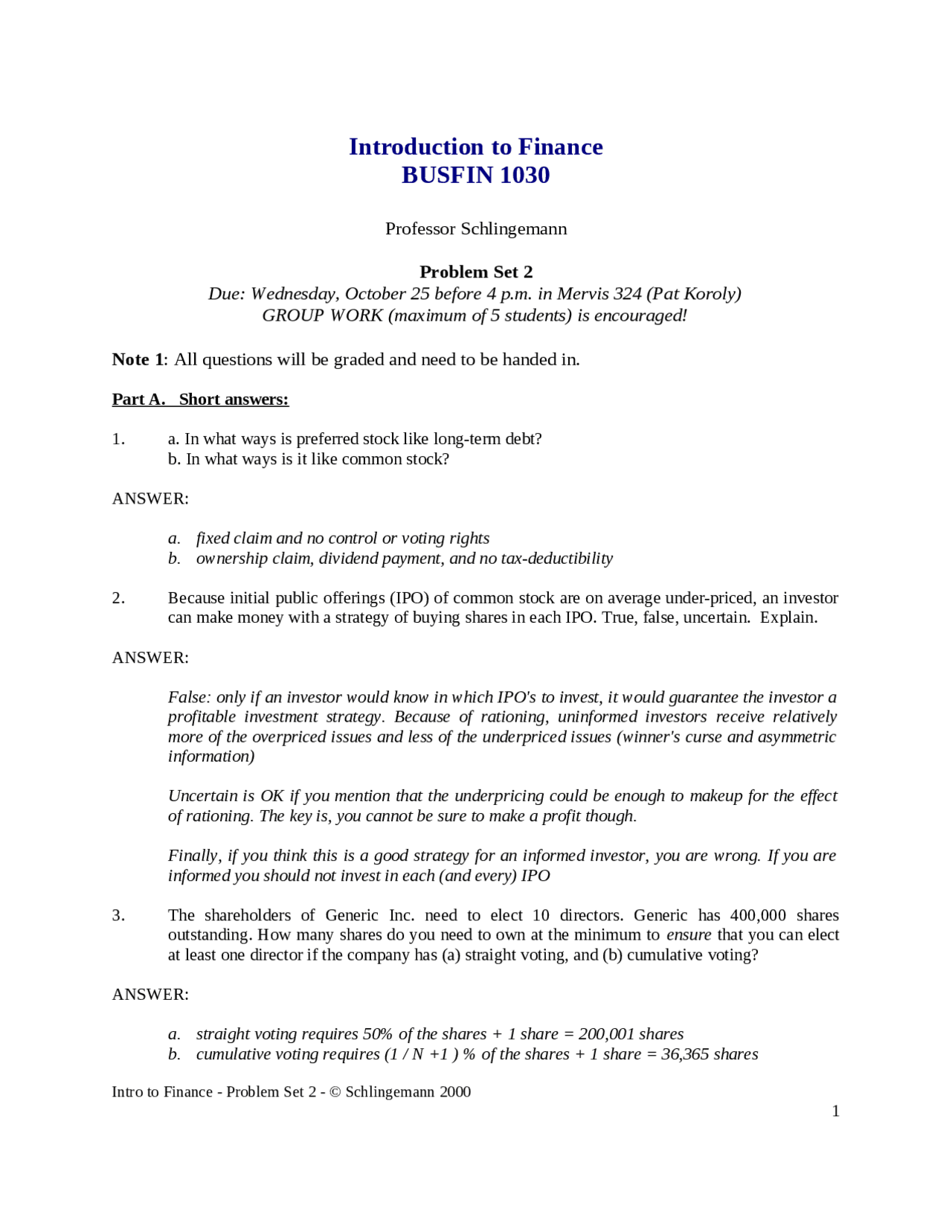 Problem Set Ii For Introduction To Finance Busfin 1030 Docsity