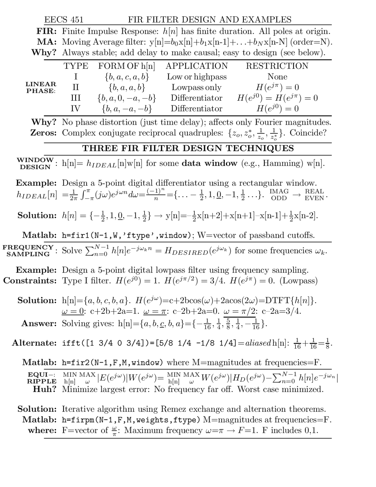 Notes On Fir Filter Design And Examples Eecs 451 Docsity