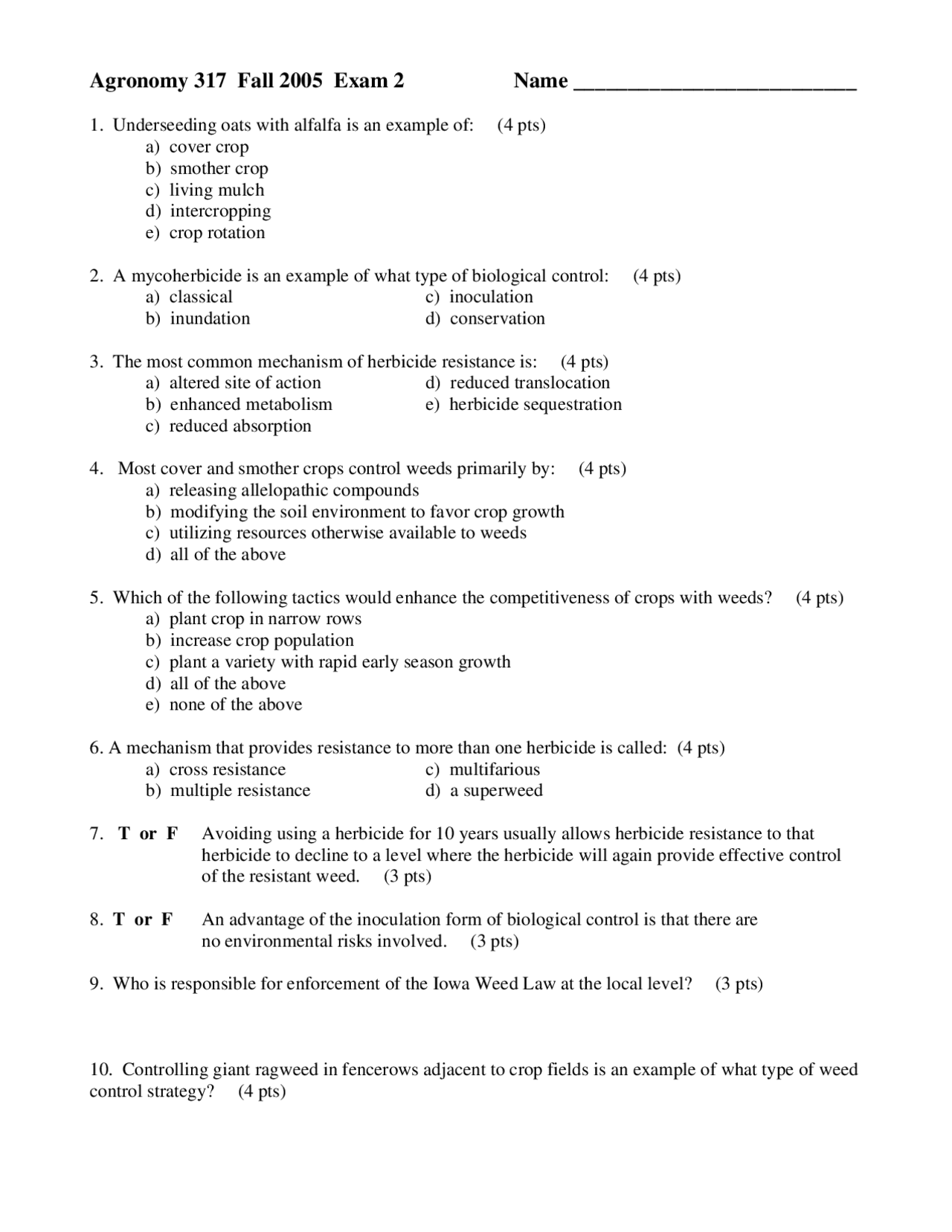 Exam 2 For Principles Of Weed Science Agron 317 Docsity