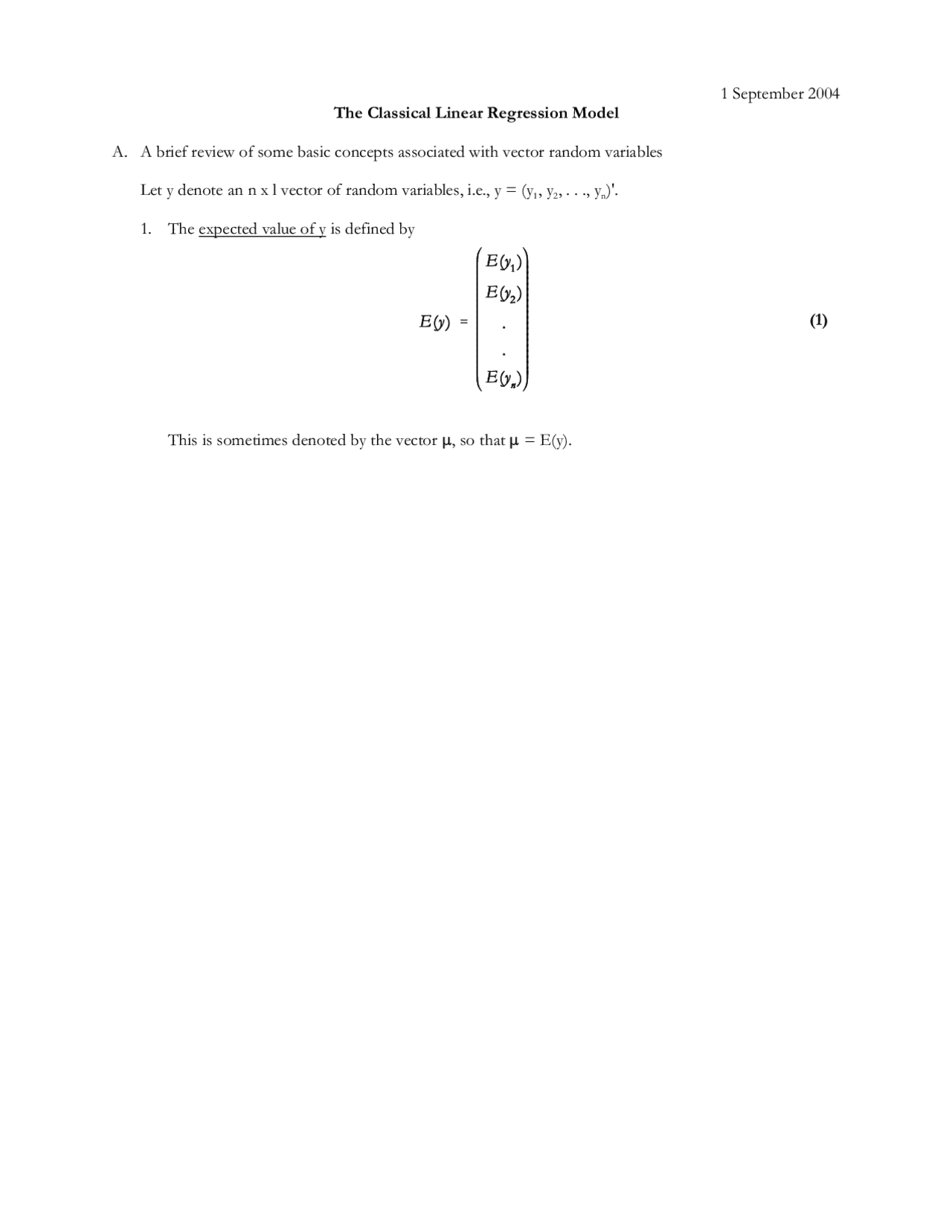 The Classical Linear Regression Model Review Sheet Econ 671 Docsity
