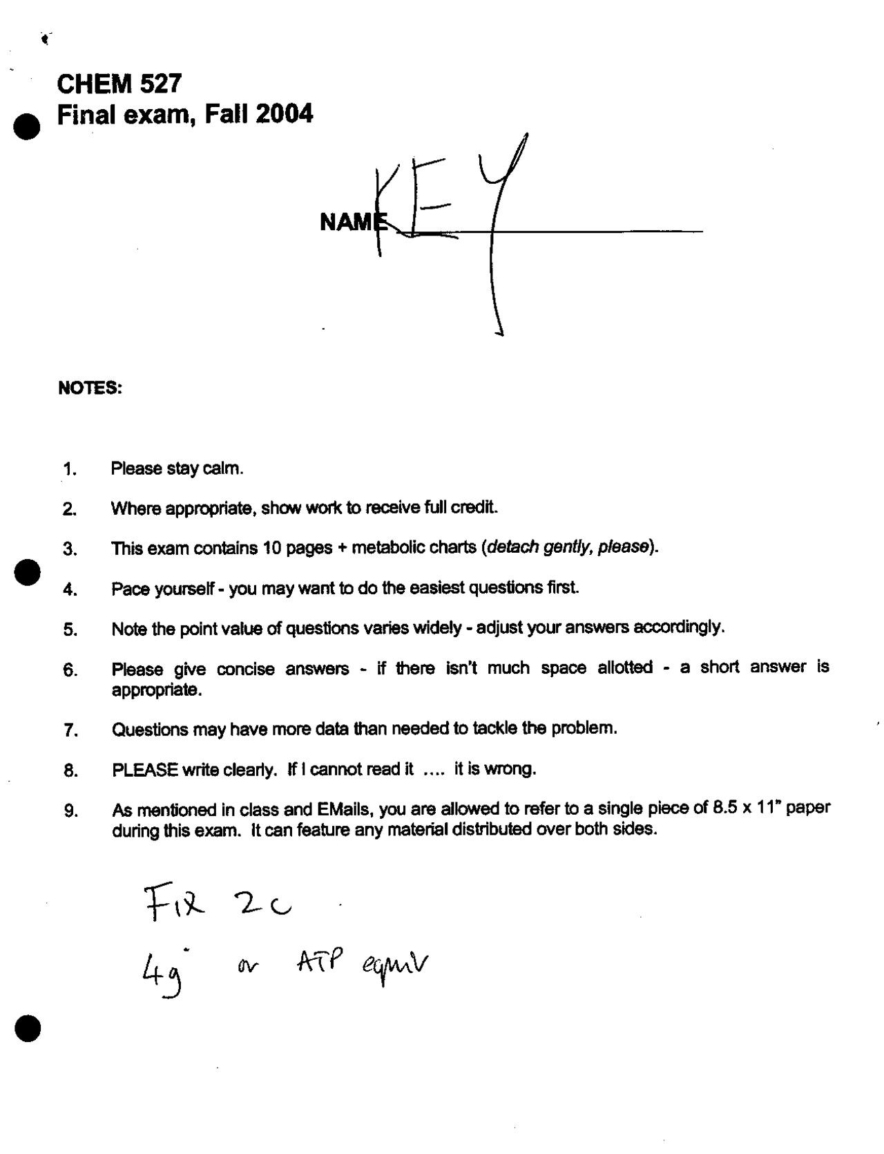 Final Exam With Answer Key Biochemistry 2004 Chem 641 Docsity