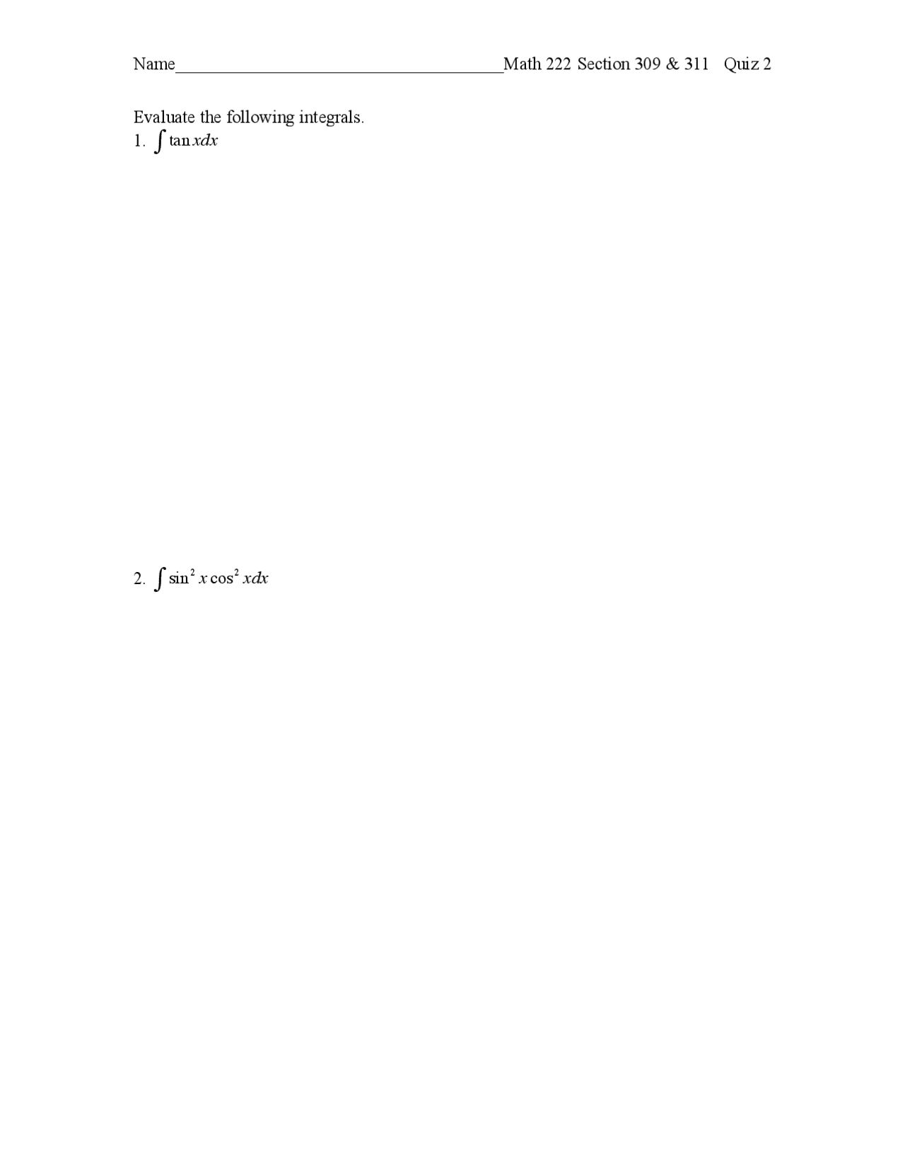 Quiz 2 Problem Calculus And Analytic Geometry Math 222 Docsity