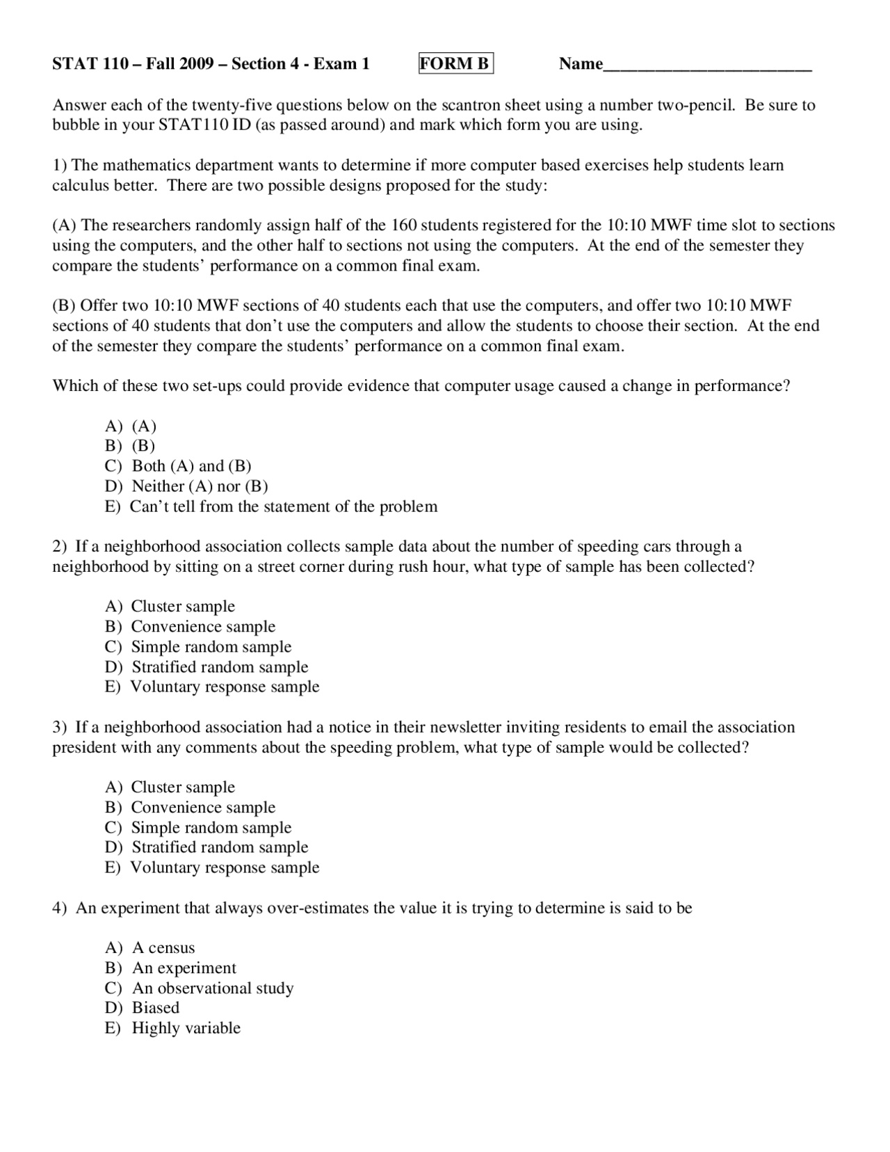 25 Questions on Introduction to Statistics Reasoning - Exam 1 | STAT 110 | Exams Statistics ...