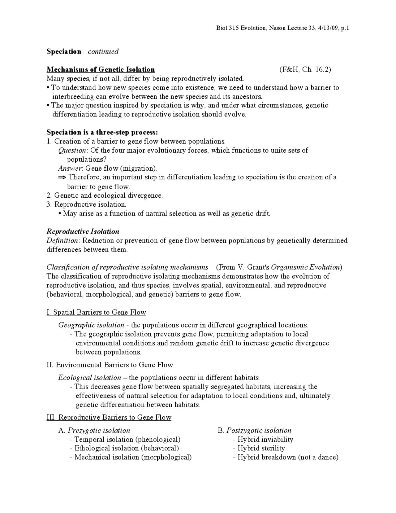 Lecture Notes On Speciation Biology Evolution Biol 315 Docsity