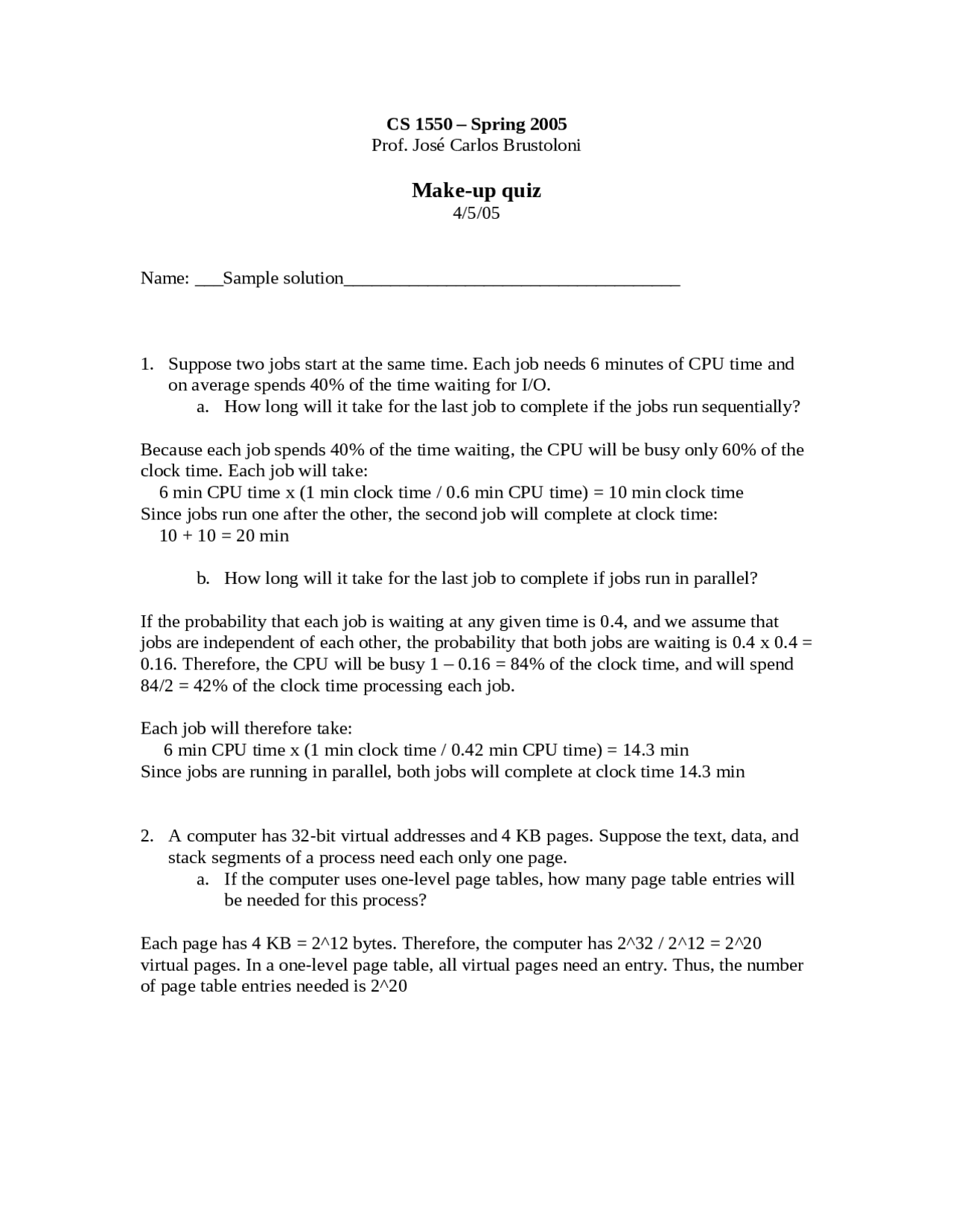 Practice Questions For Quiz 4 Introduction To Operating Systems Cs 1550 Docsity