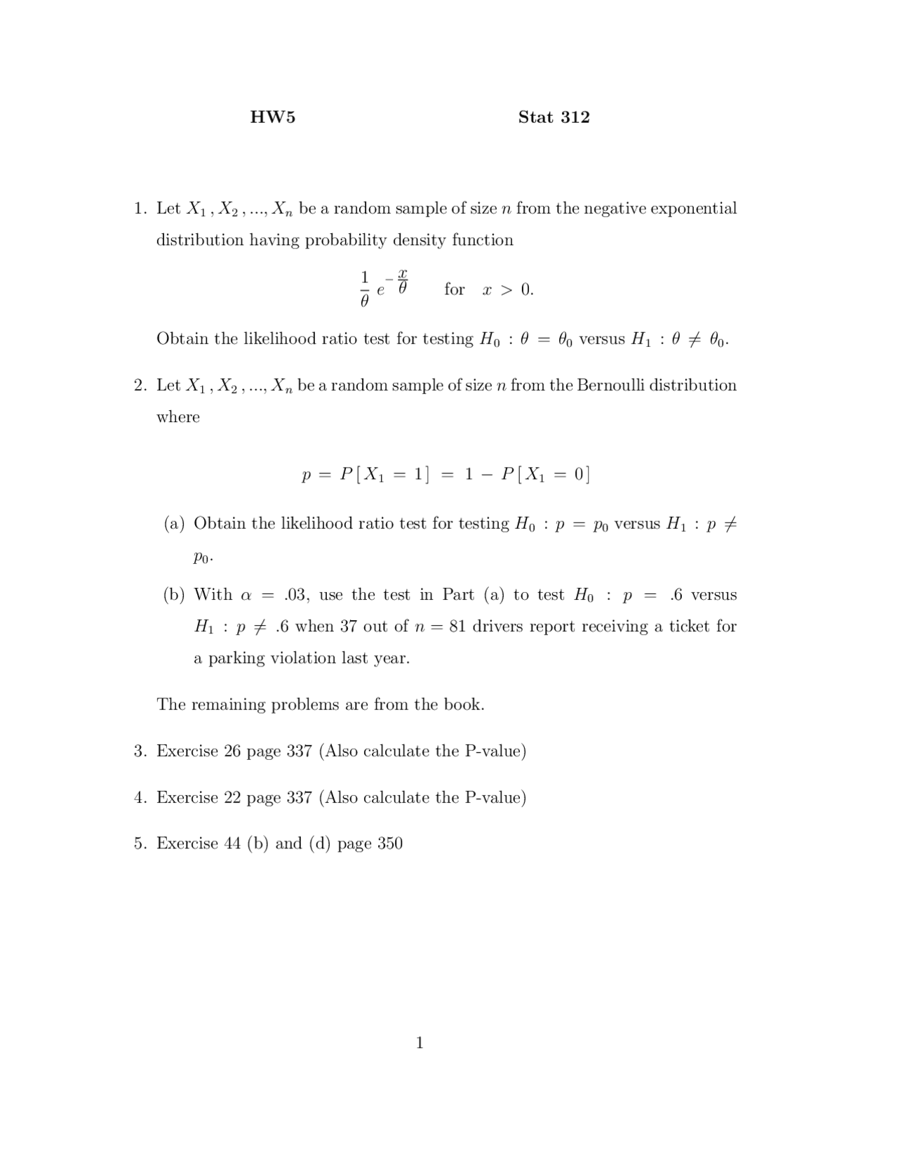 Homework 5 Problems Introduction To Mathematical Statistics Stat 312 Docsity