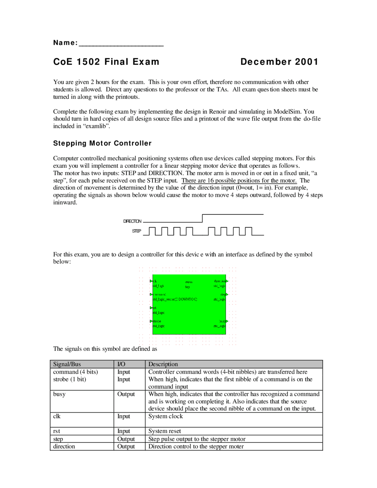 Stepping Motor Controller and Implementation - Final Exam | COE 1502 | Exams Engineering | Docsity