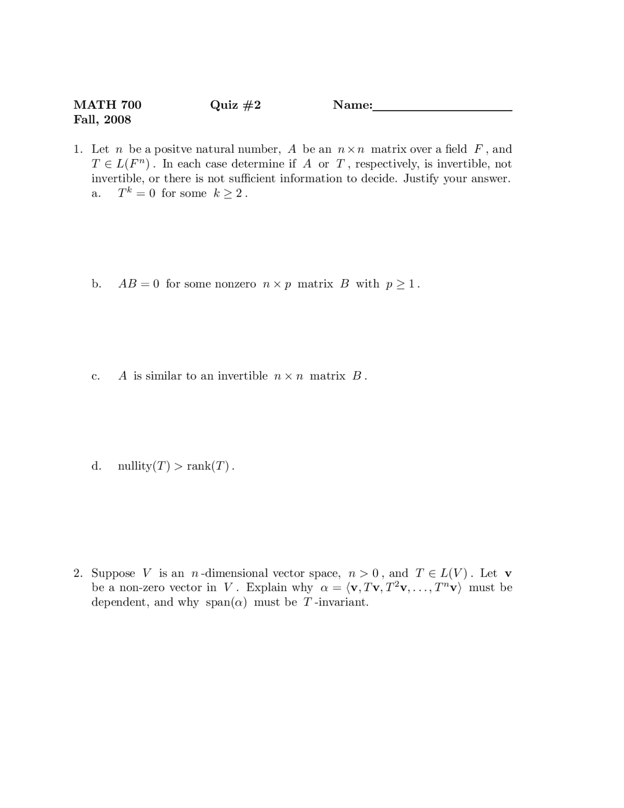 2 Practice Problems On Linear Algebra Quiz 2 Math 700 Docsity