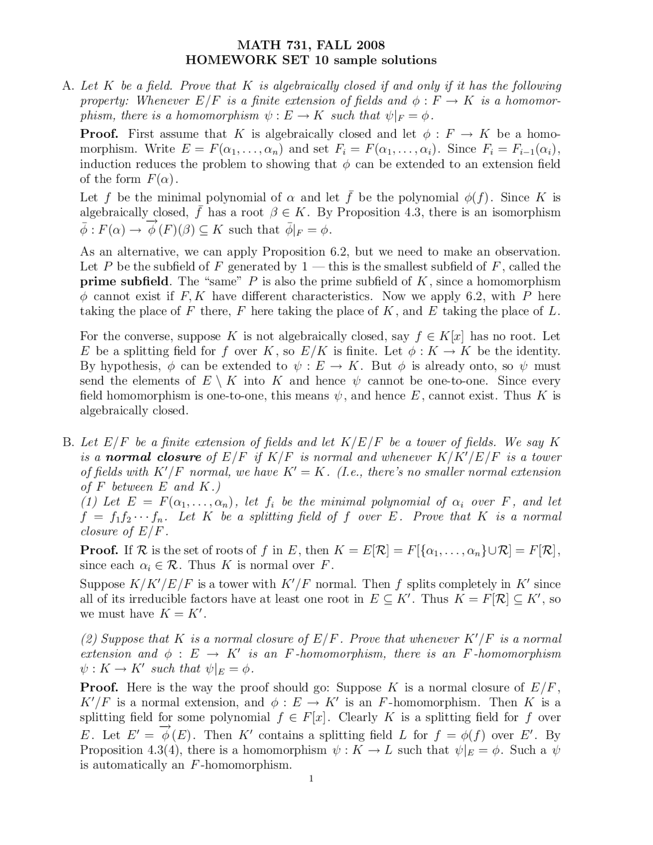 Homework Set 10 Solutions Abstract Algebra Fall 2008 Math 731