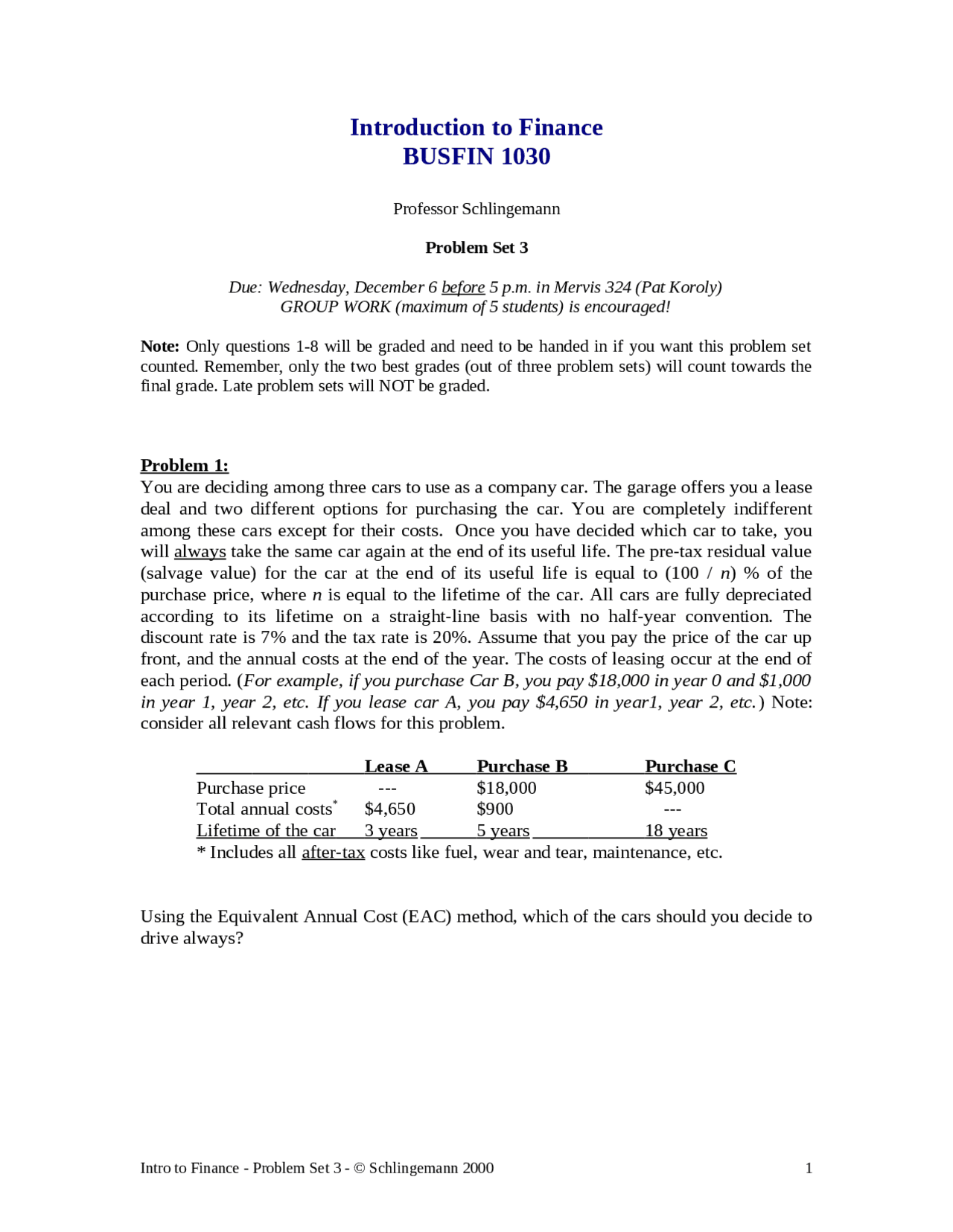 Problem Set 3 Introduction To Finance Busfin 1030 Docsity