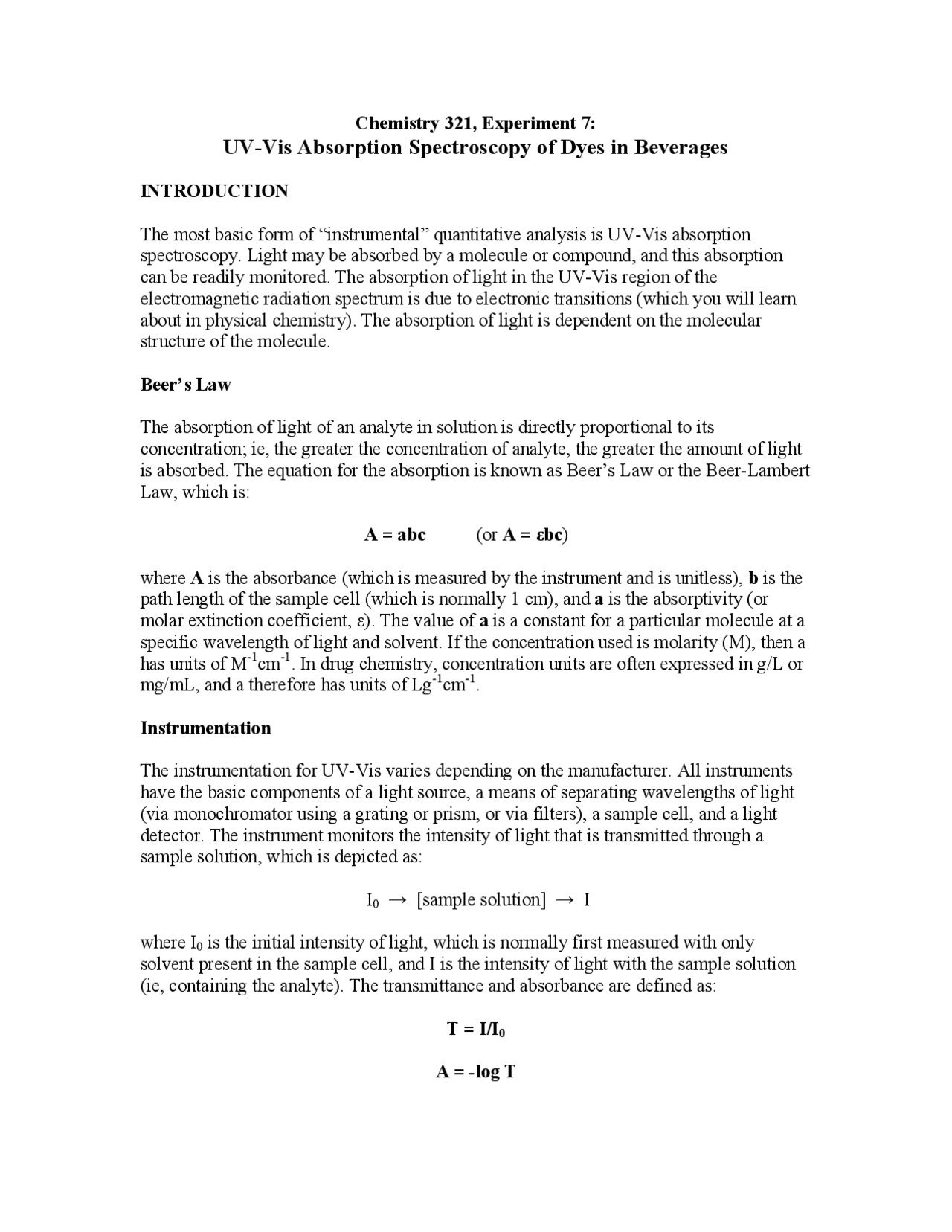 Absorption Spectroscopy of Dyes in Beverages – Experiment 7 | CHEM 321 ...